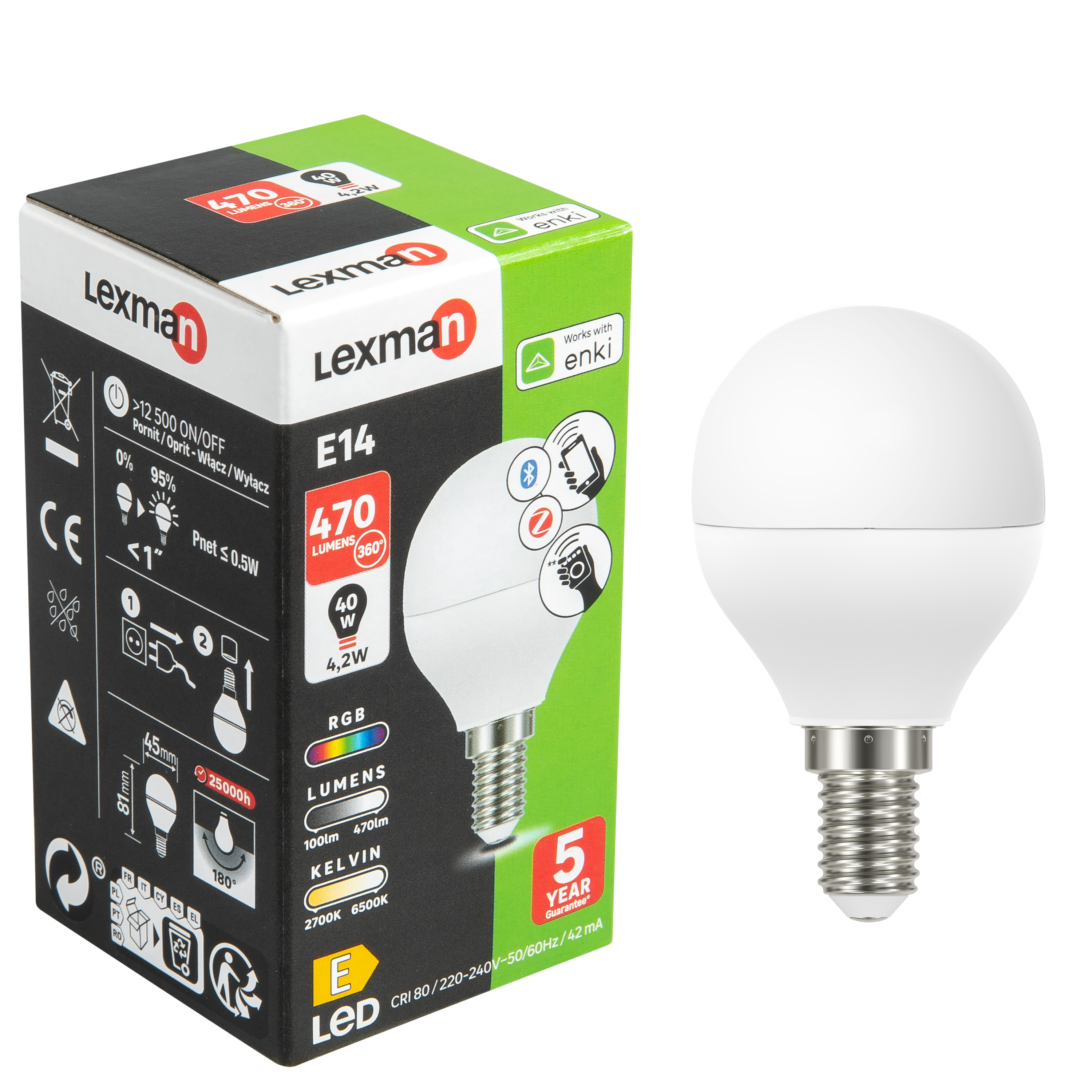 Ampoule led connectée sphérique E14, 40W, variation blanc & couleur ...