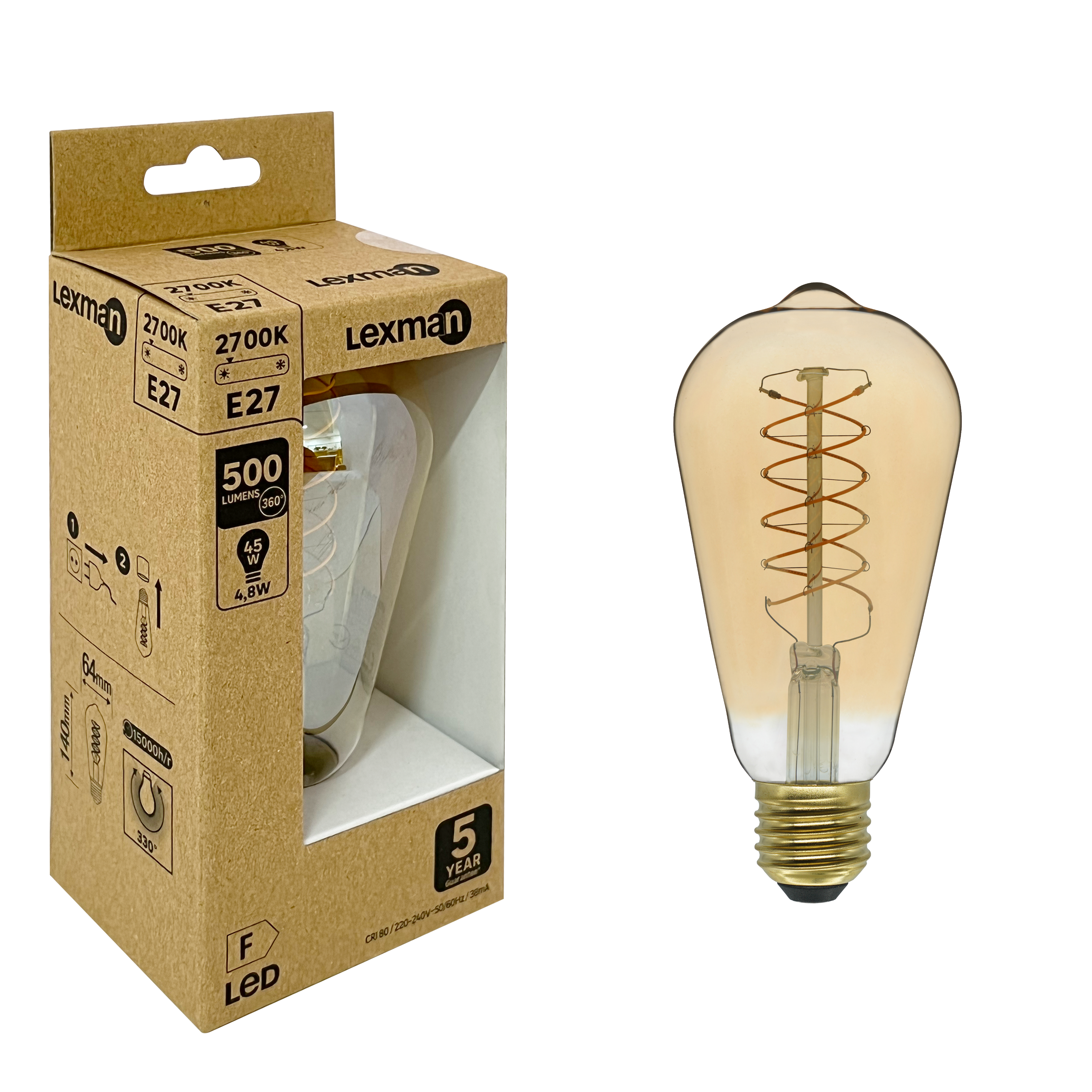 Ampoule led à filament carbone edison E27, 500Lm = 45W, blanc chaud ...