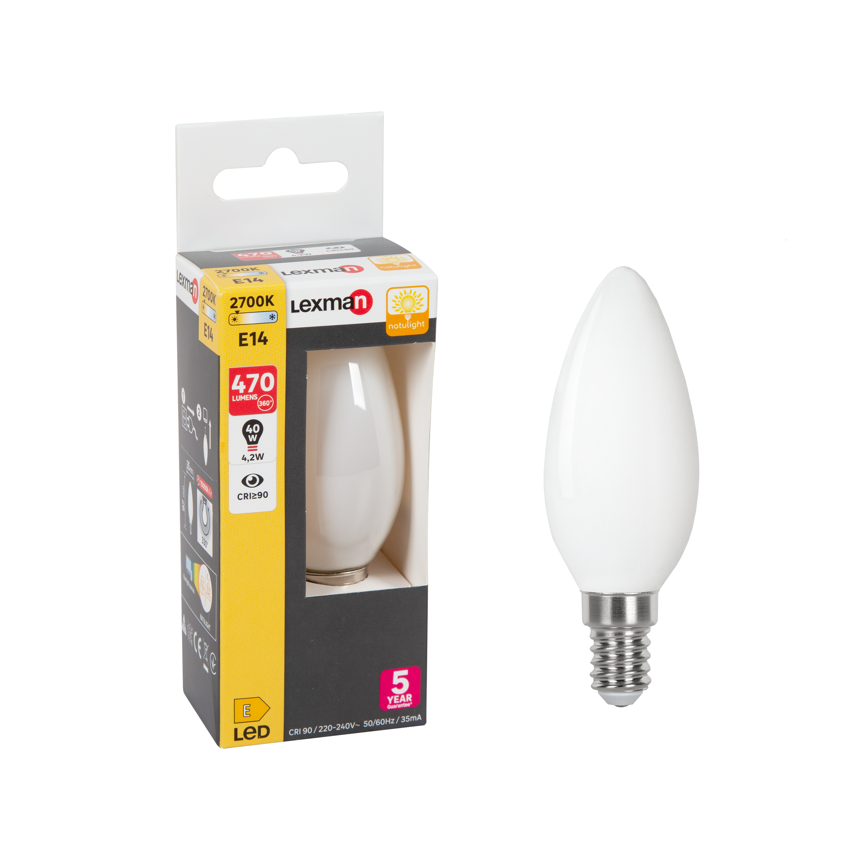 Ampoule led flamme E14, 470Lm = 40W, Natulight, LEXMAN | Leroy Merlin