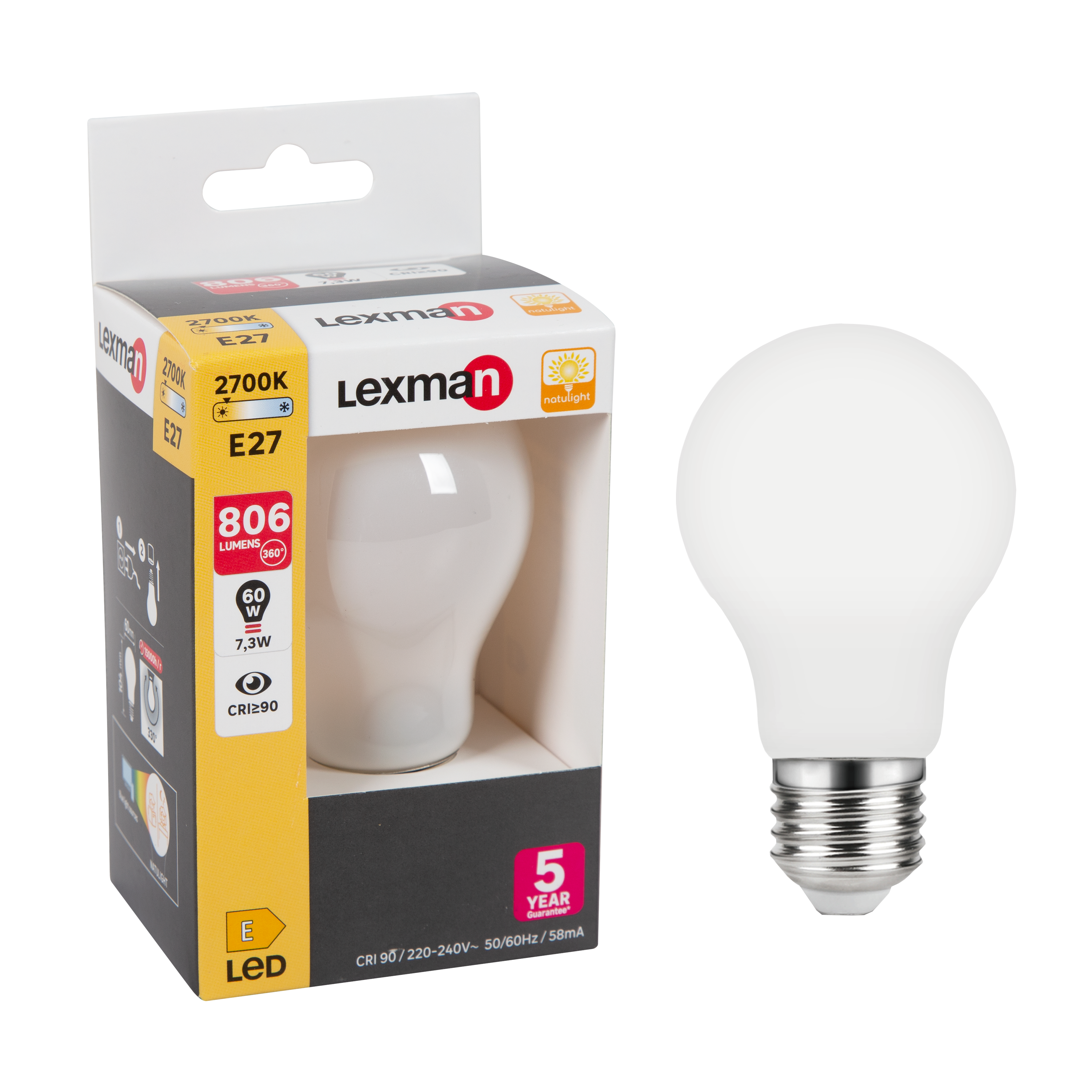 Ampoule led E27, 806Lm = 60W, blanc chaud, Natulight LEXMAN | Leroy Merlin