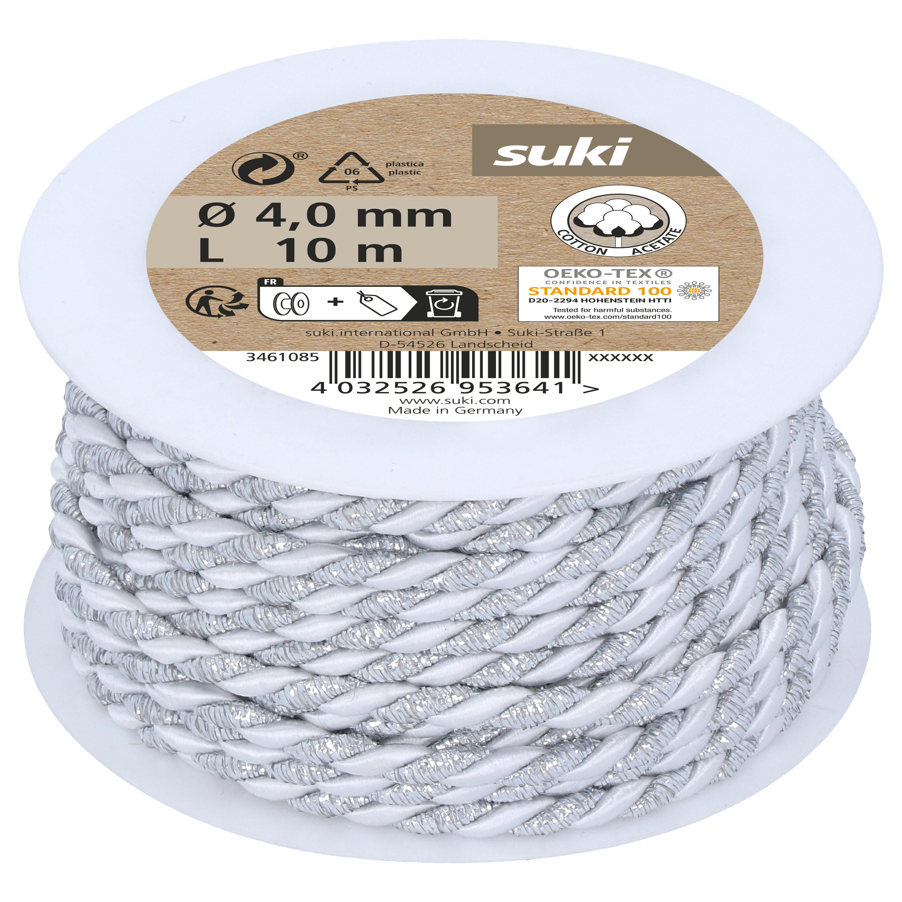Sznurek 4 mm x 10 m pleciony biało-srebrny Suki - Leroy Merlin