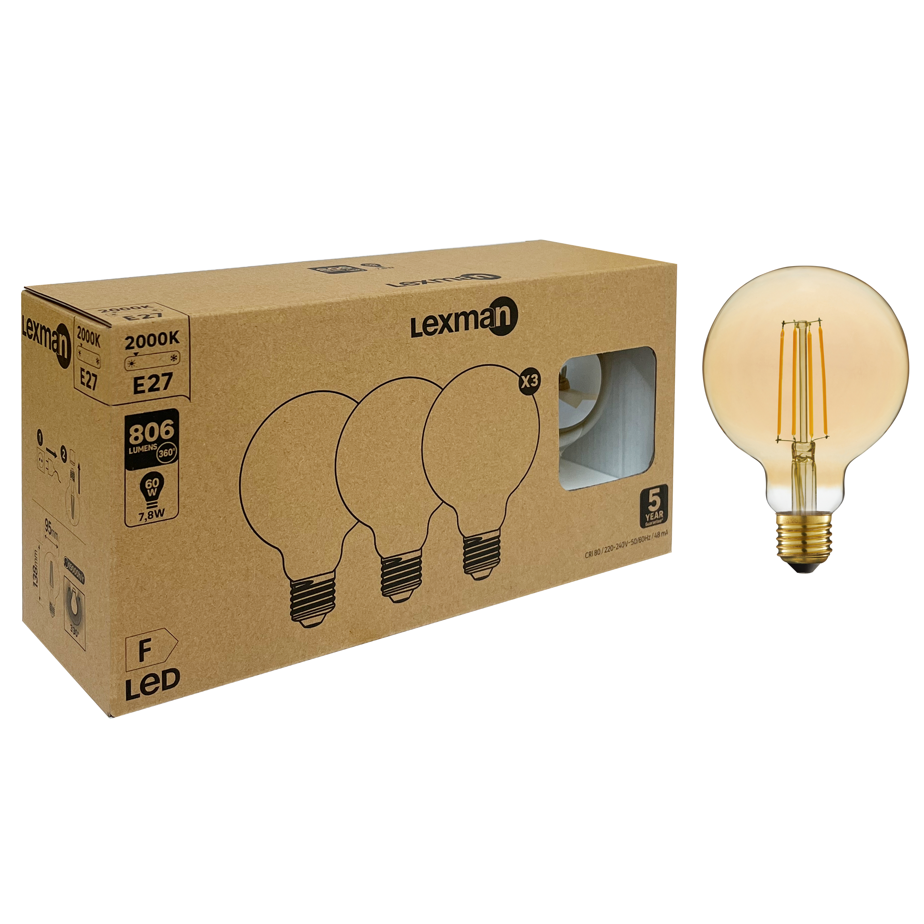 3 ampoules led déco globe 95mm, E27, 806Lm = 60W, blanc très chaud, LEXMAN | Leroy Merlin