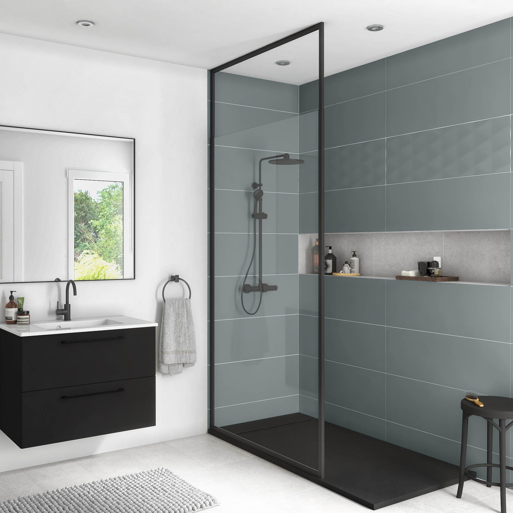 Pack douche italienne receveur neo noir 90x160+paroi transparent Unik ...