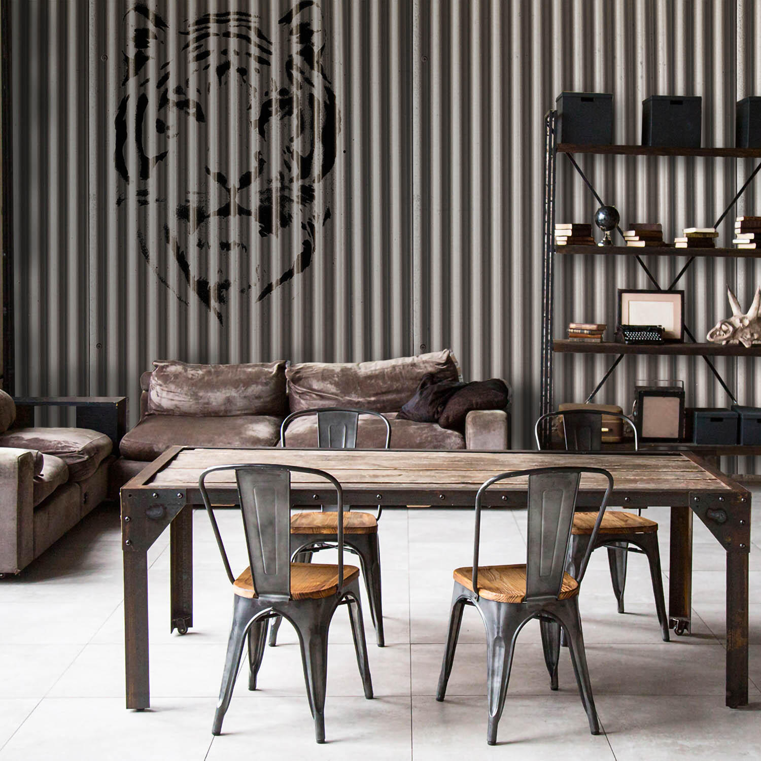 Papier peint panoramique Panorama tiger métallisé gris nickel intissé l ...