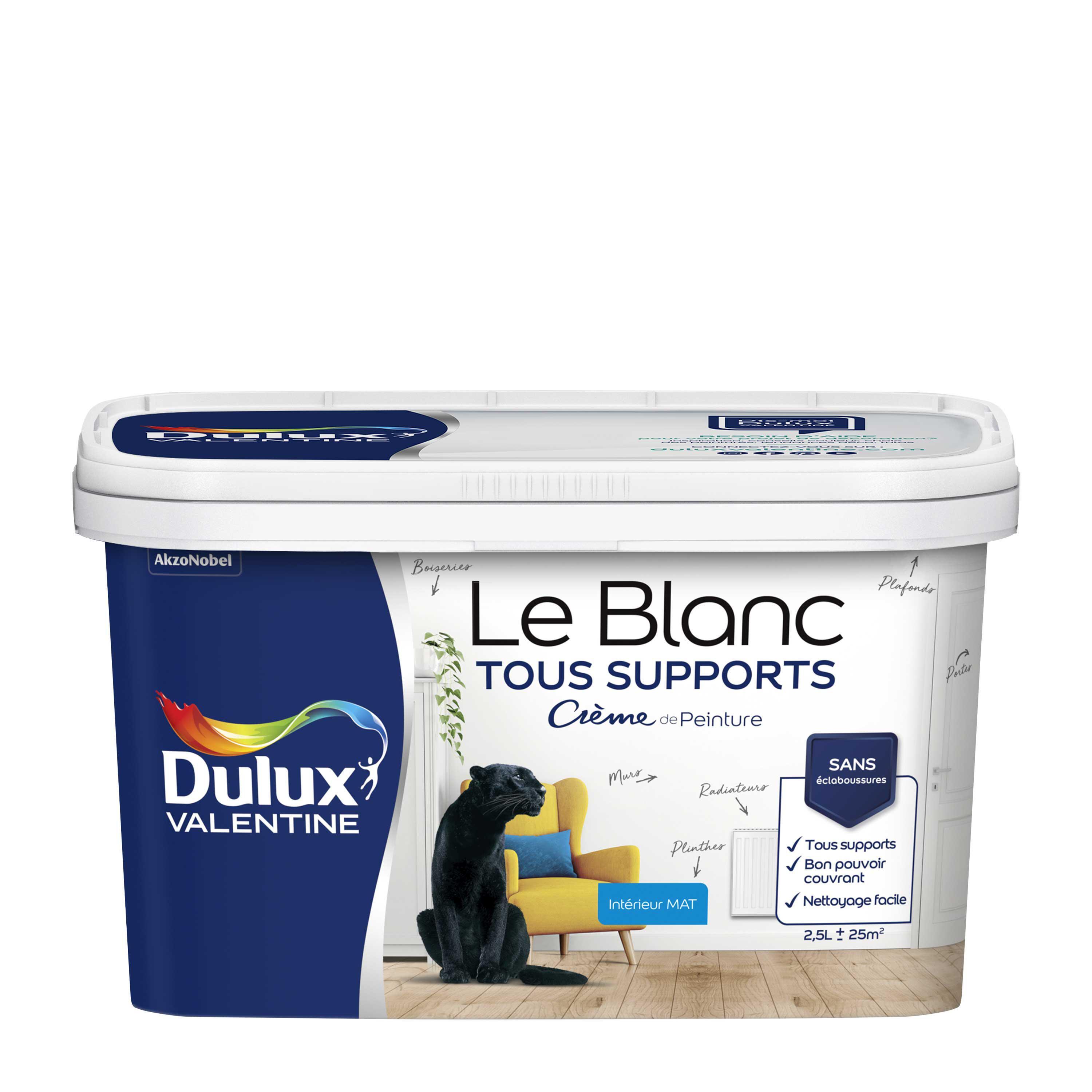 Peinture mur, plafond blanc mat DULUX VALENTINE Crème de peinture 2.5L ...