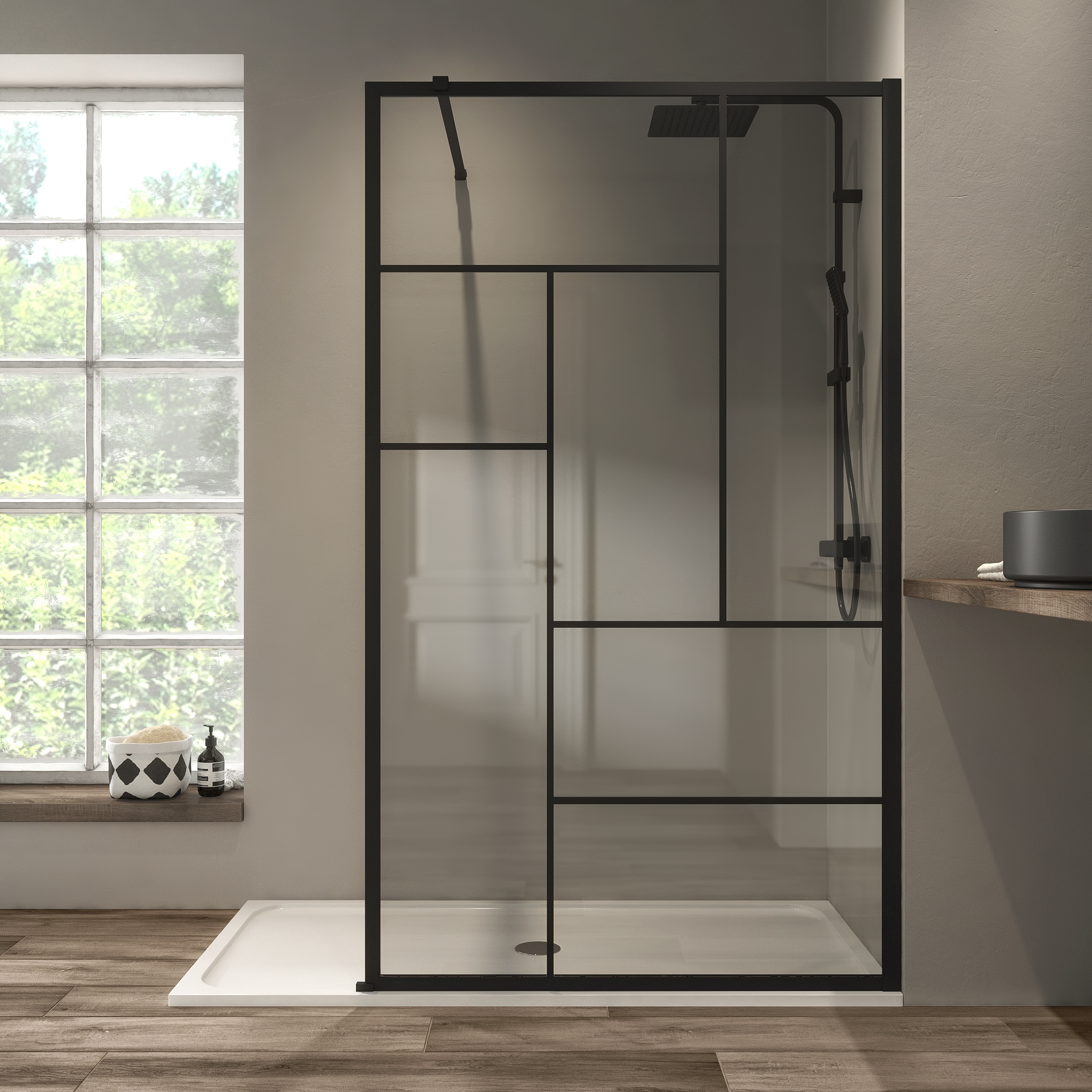 Box doccia walk-in Studio L 140 x H 200 cm, vetro 8 mm serigrafato nero ...