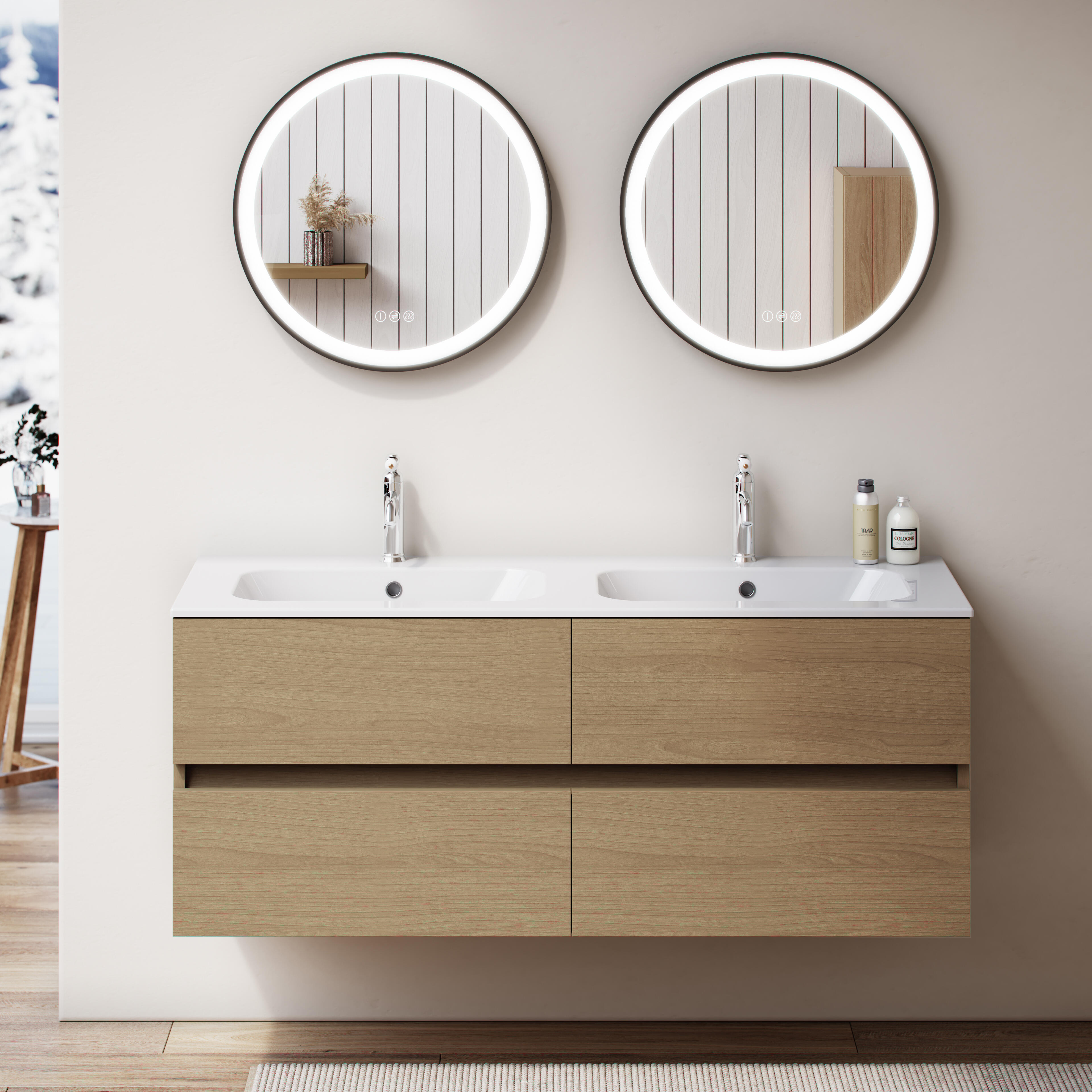 Meuble double vasque, 4t l.140 x H.56.4 x P.51 cm, chêne massif lisse ...