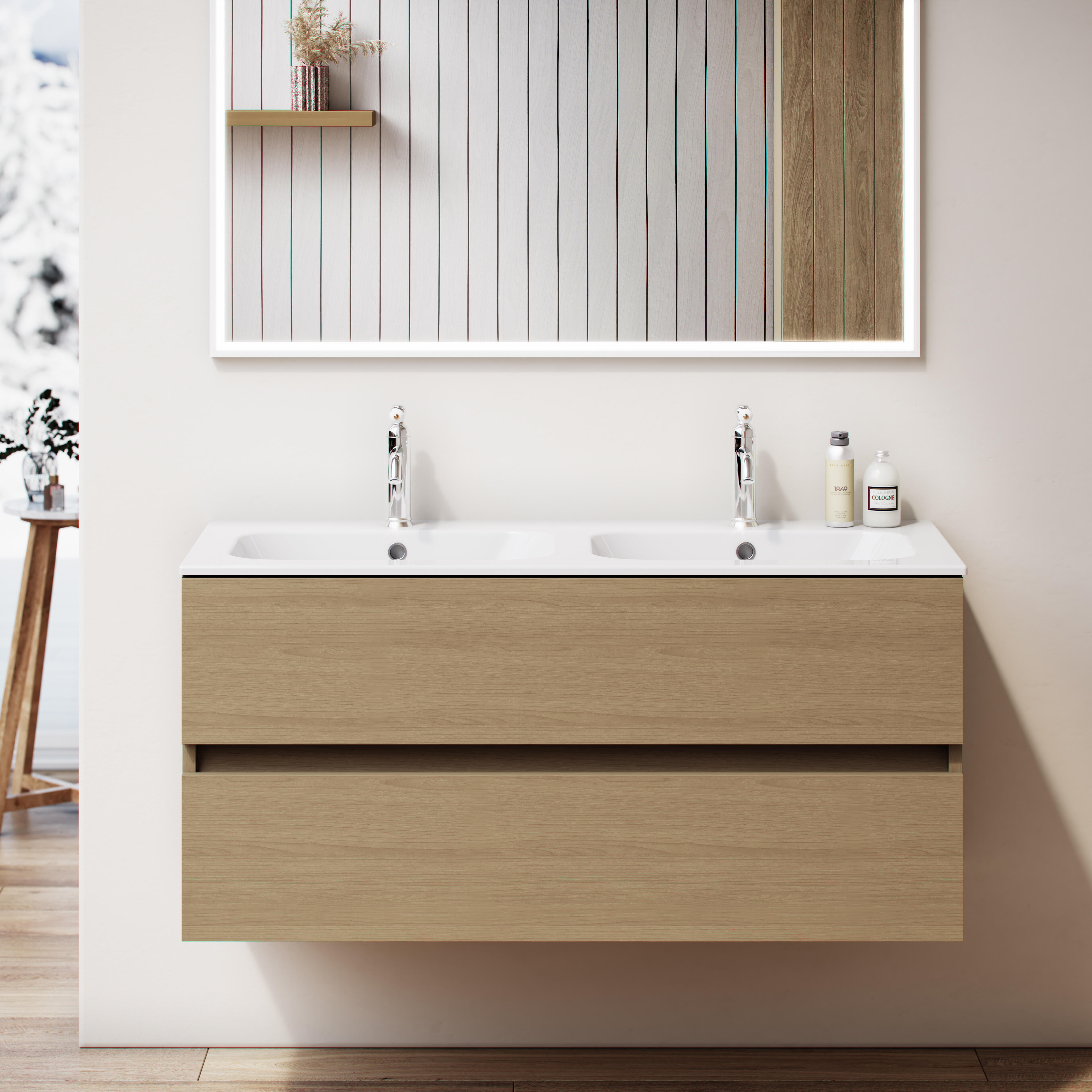 Meuble double vasque, 2t l.120 x H.56.4 x P.51 cm, chêne massif lisse ...