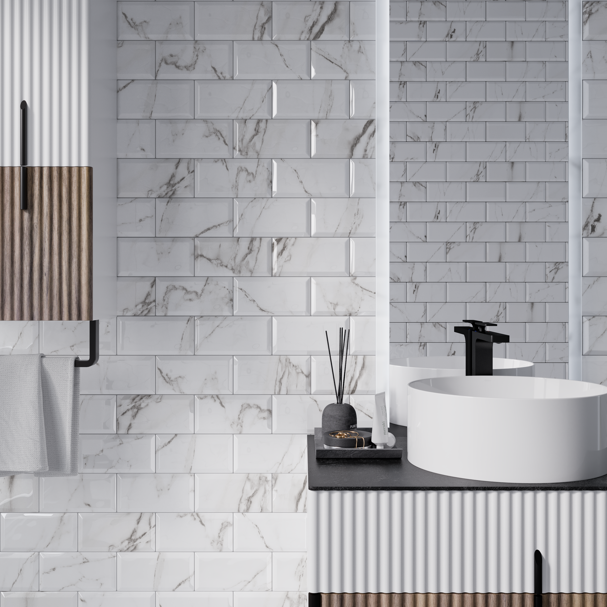 Azulejo Metro efecto borde biselado blanco mármol brillante 10x20 cm ...