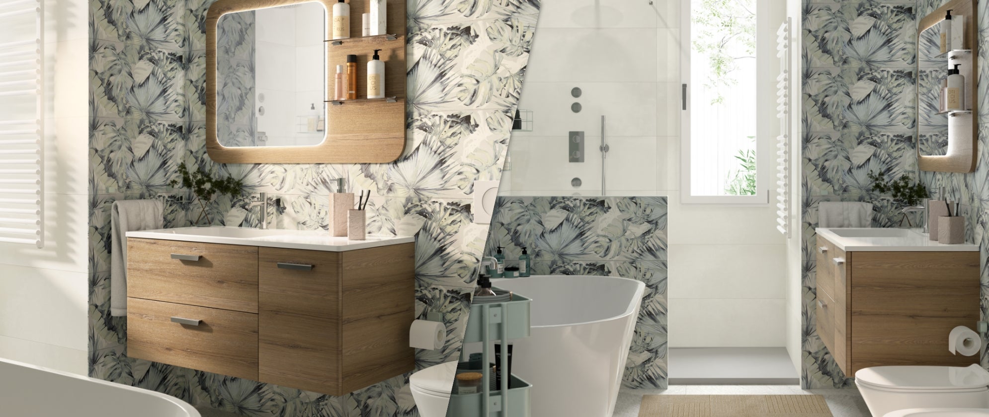 Un bagno botanico con piastrelle dai motivi floreali sui toni del verde ...