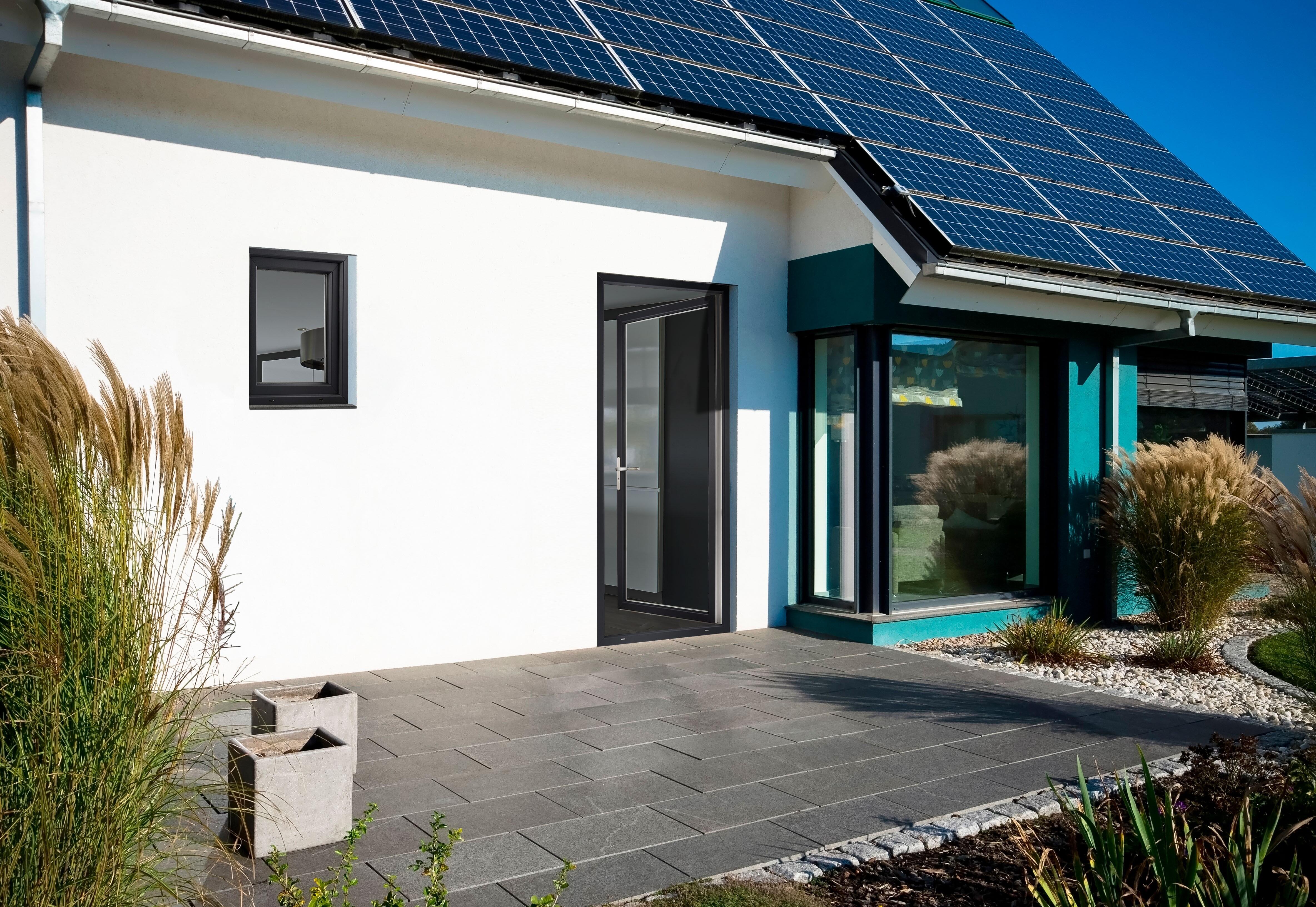 Porte fenêtre PVC Essentiel H.215xl.80cm 1 vantail tirant G gris ext ...