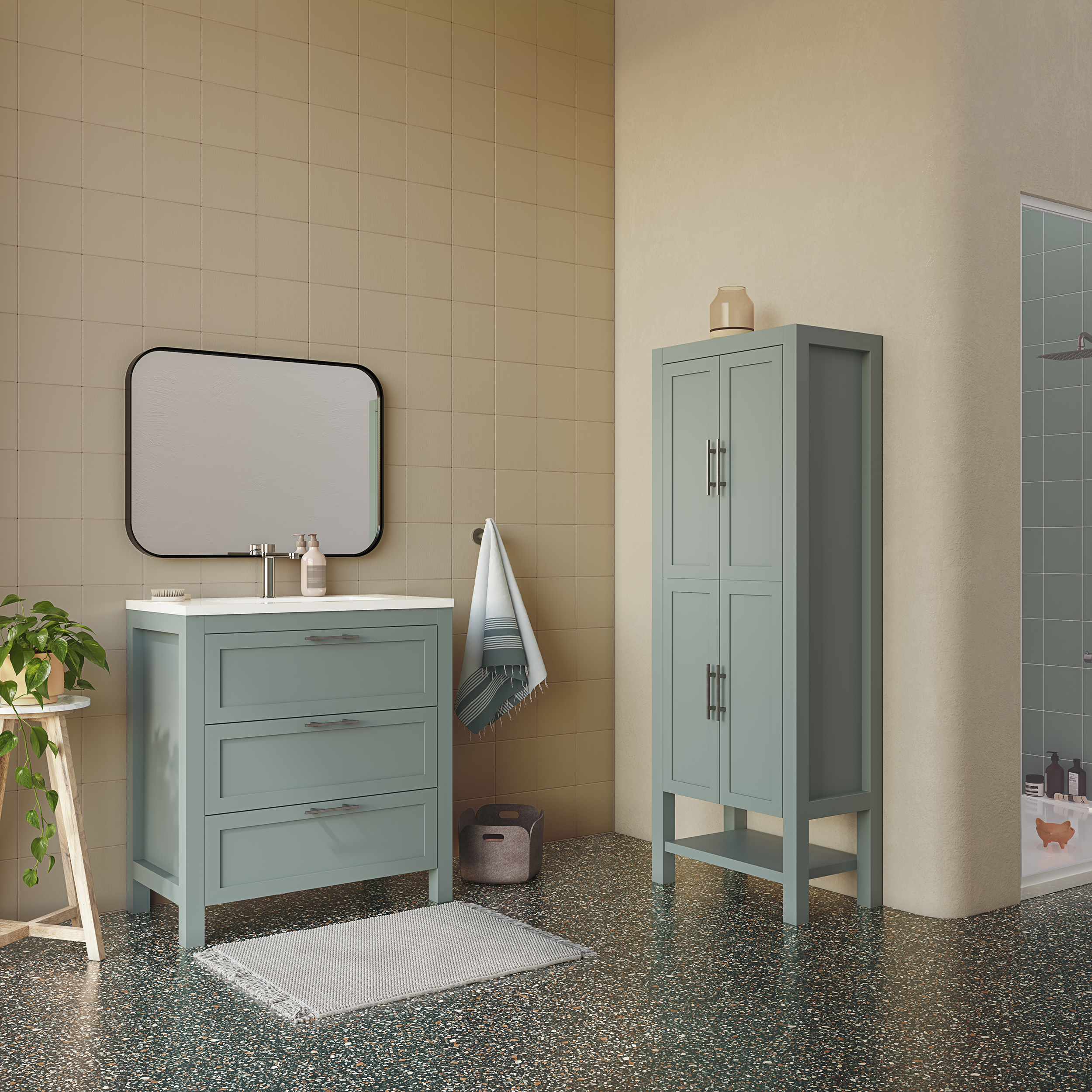 Meuble double vasque, 2t l.140 x H.85 x P.45 cm, vert argent, Kende ...