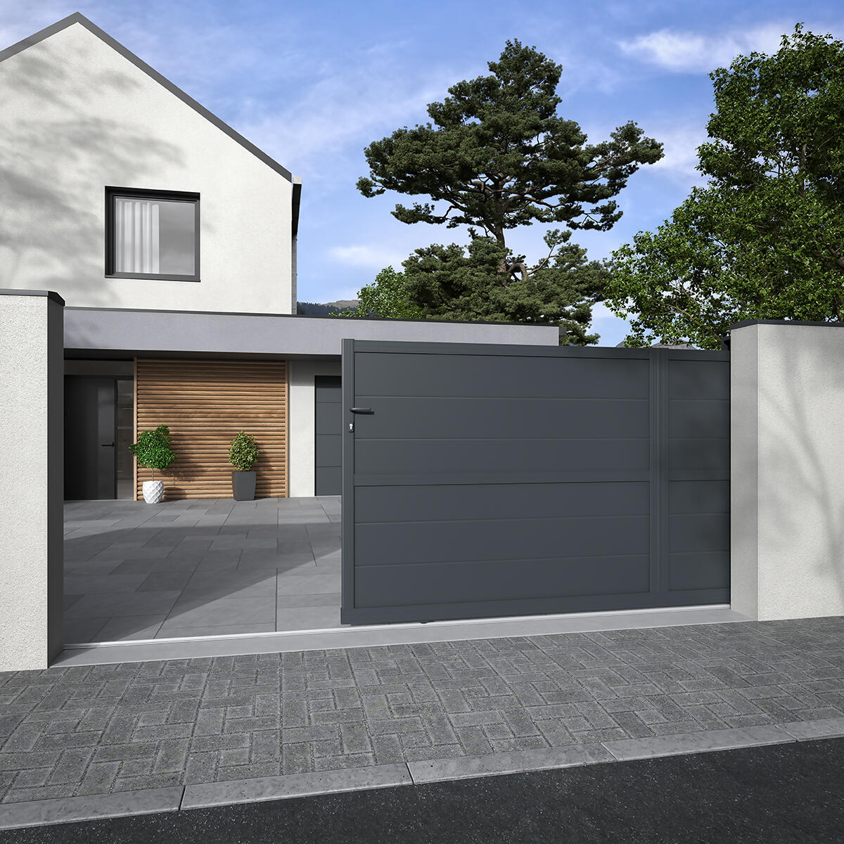 Portail coulissant manuel, aluminium gris, aspect lames, l400xH170cm ...