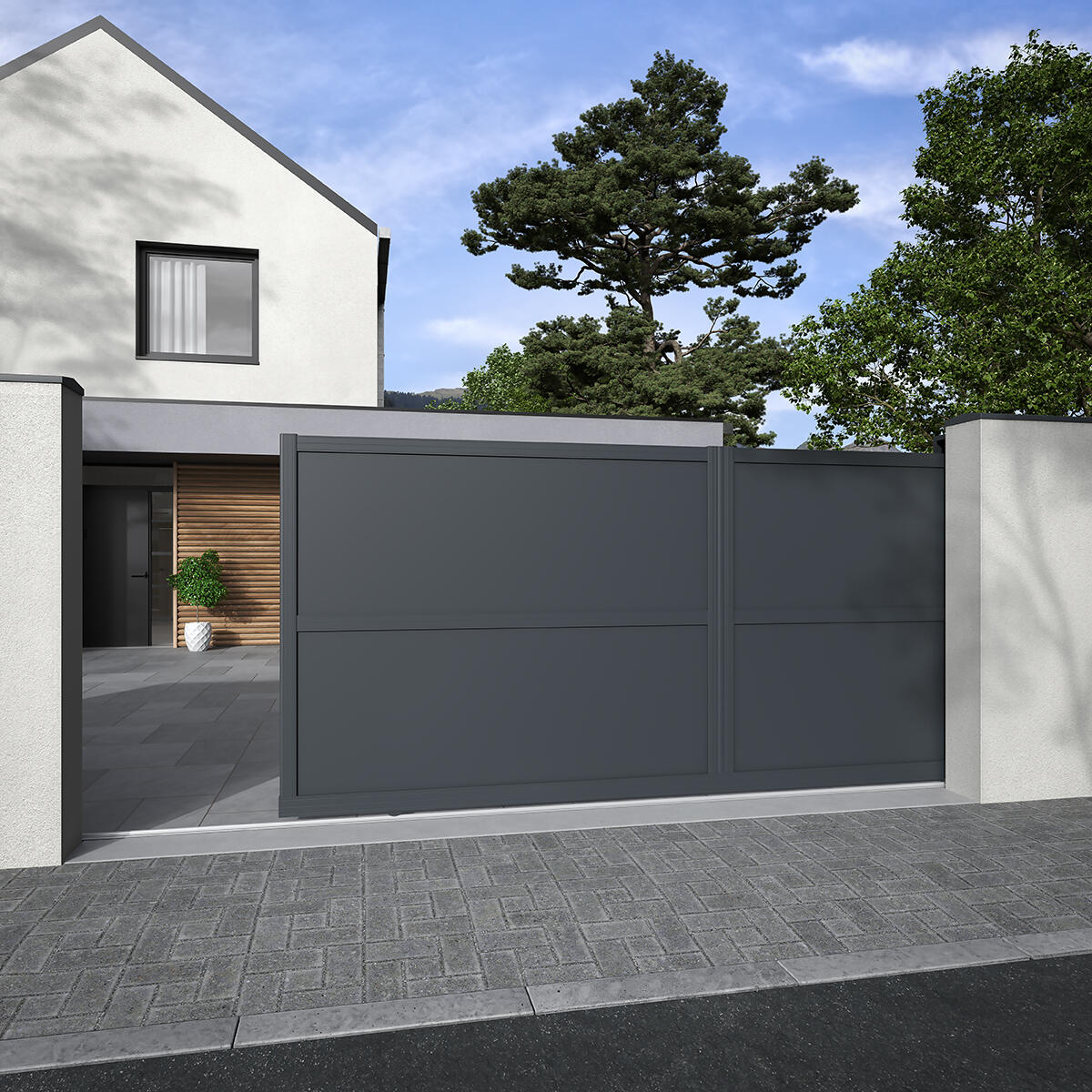 Portail coulissant motorisé Nice, aluminium gris panneau lisse ...