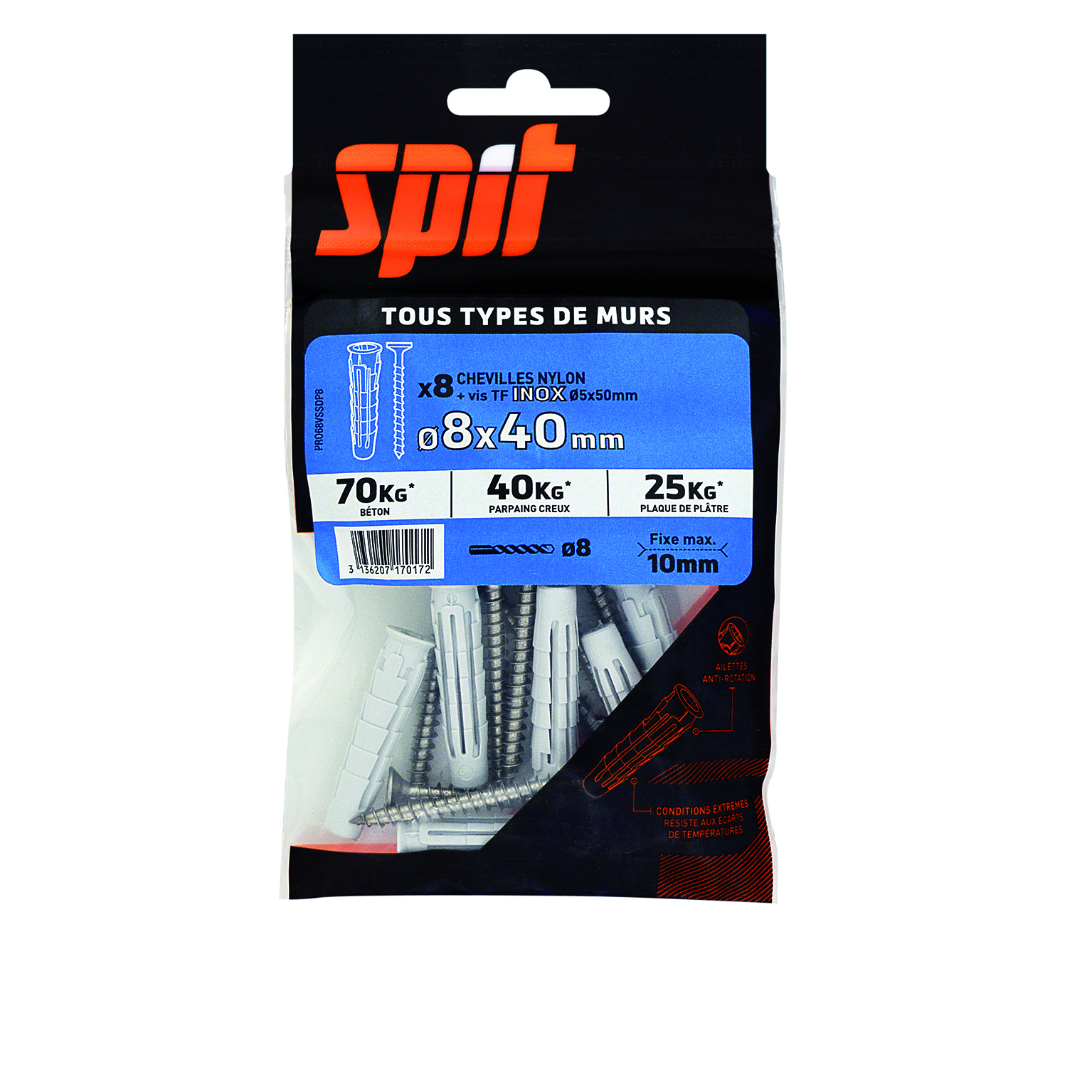 8 chevilles et vis inox SPIT, Ø8 x L.40 mm | Leroy Merlin