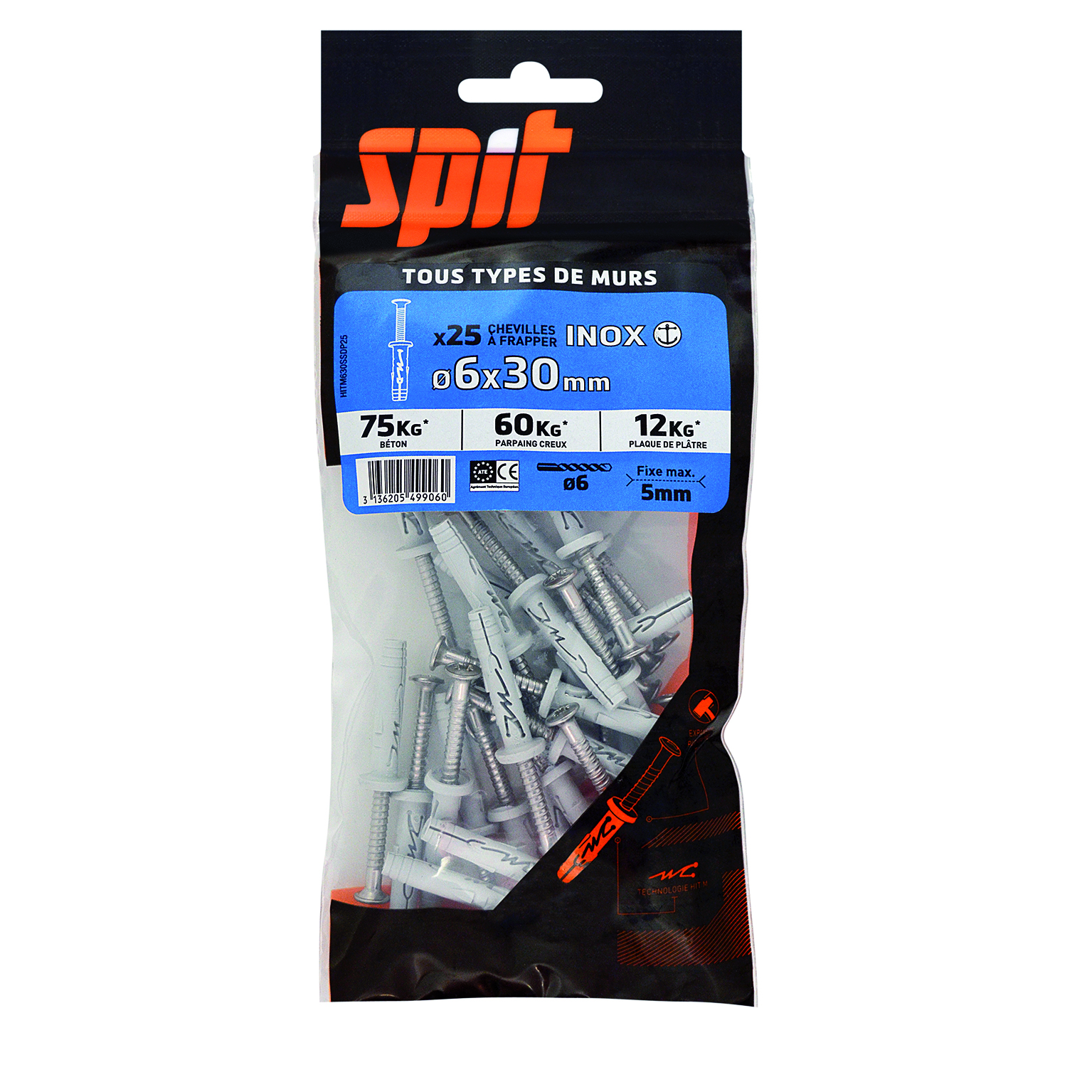 Lot de 25 Cheville murale hit m inox HITM630SSDP25 SPIT x L.30 mm ...