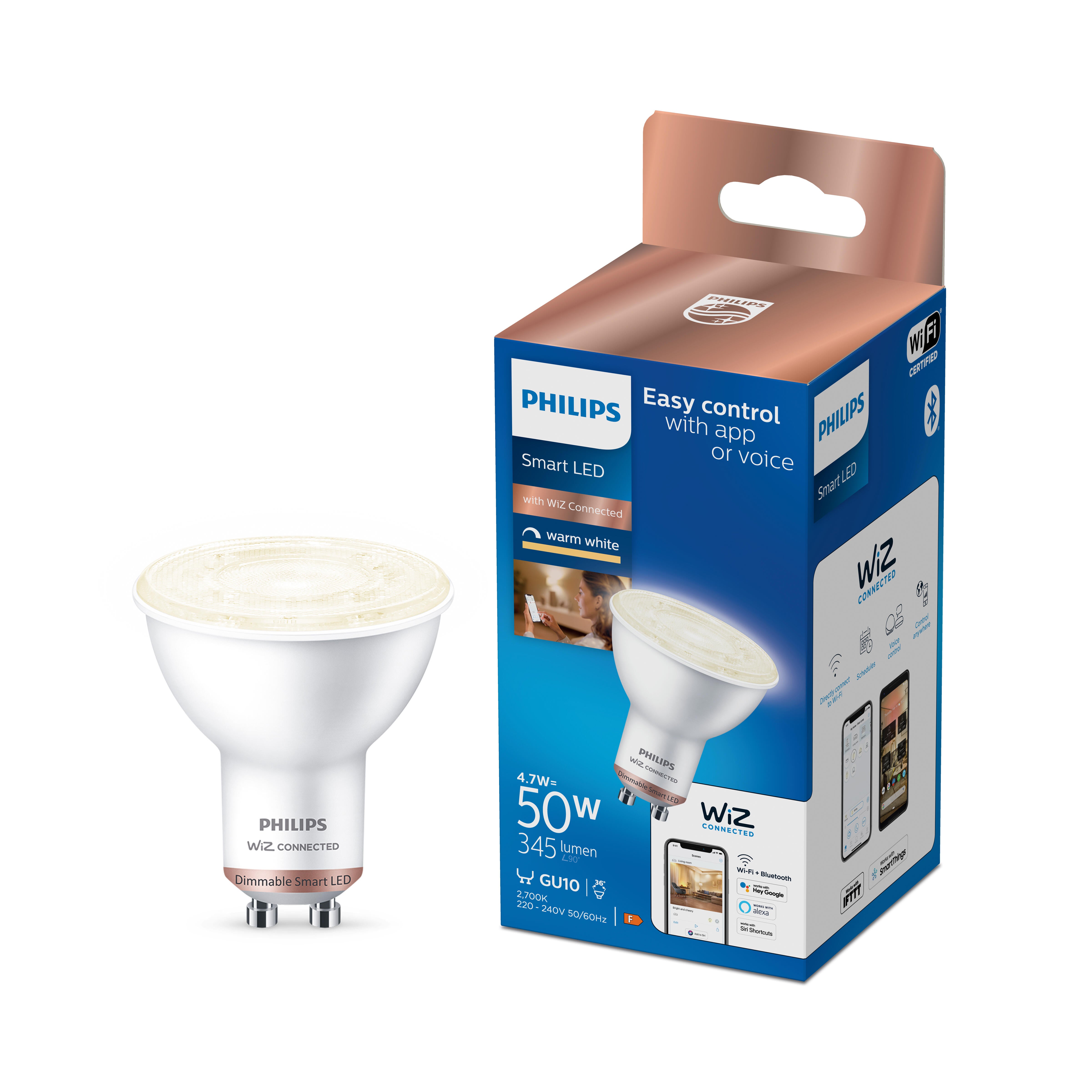Ampoule led connectée réflecteur GU10, 345Lm, blanc chaud, PHILIPS SMART LED | Leroy Merlin