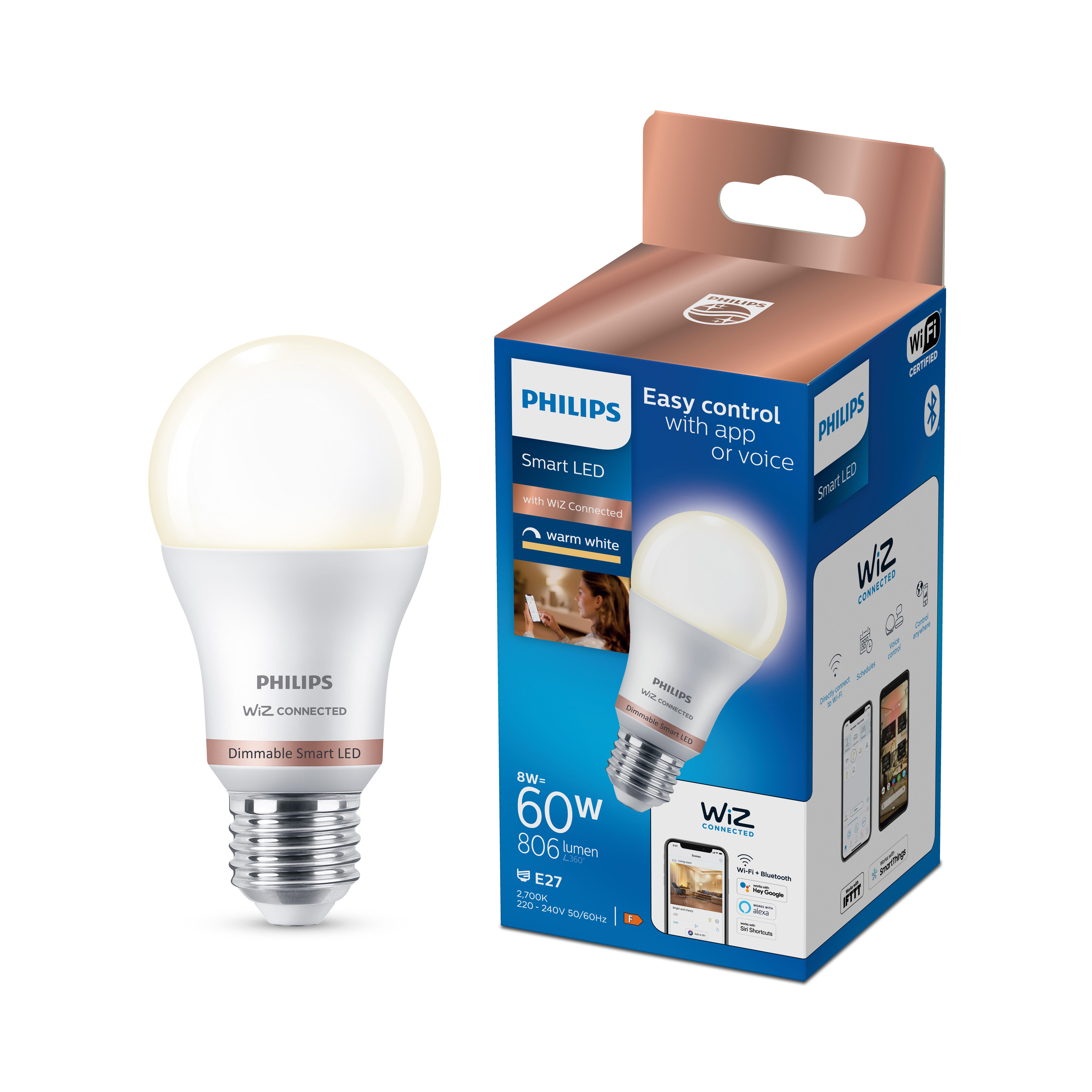 Ampoule led connectée E27, 806Lm = 60W, blanc chaud, PHILIPS SMART LED | Leroy Merlin