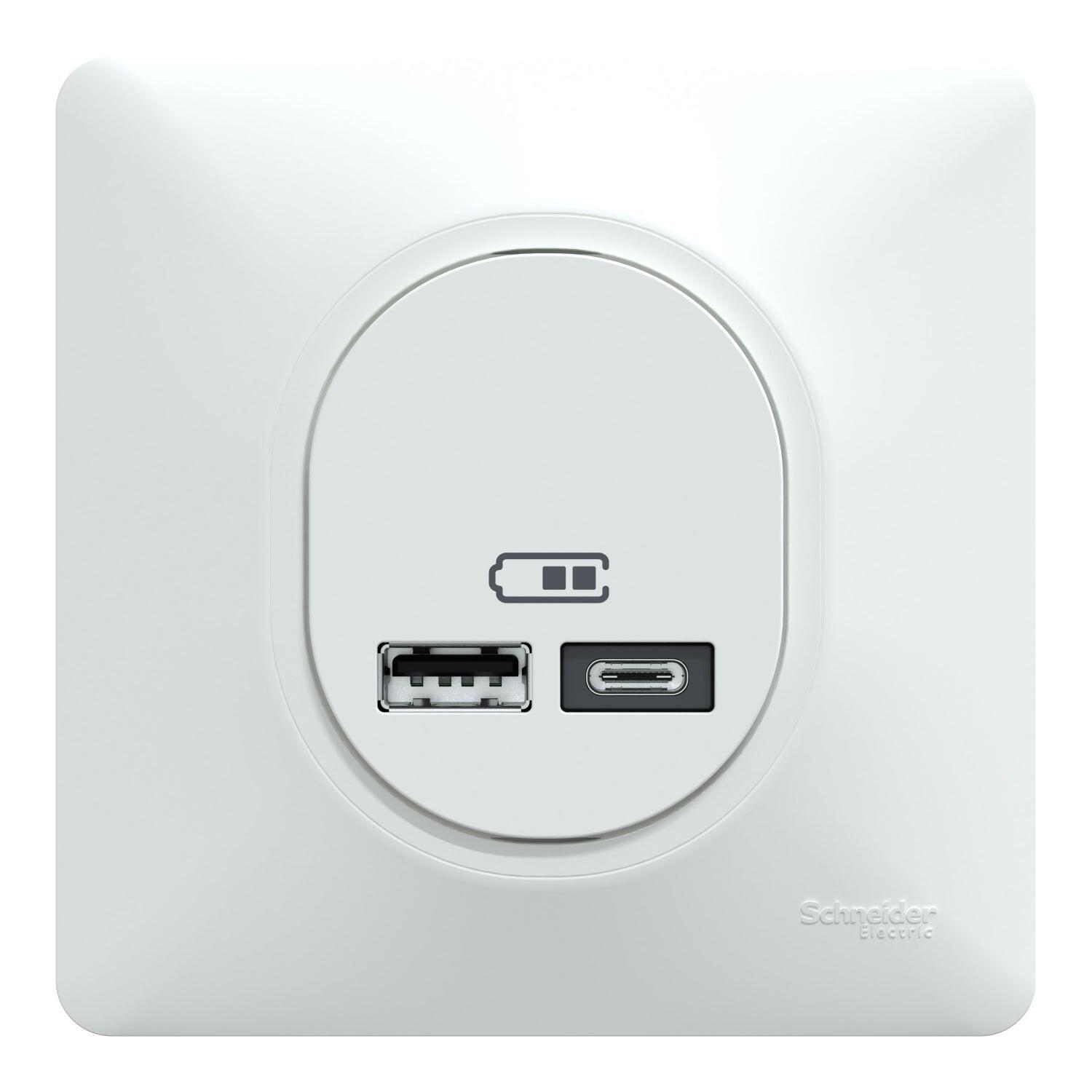 Prise chargeur double usb A+C complet Ovalis, SCHNEIDER ELECTRIC, blanc ...