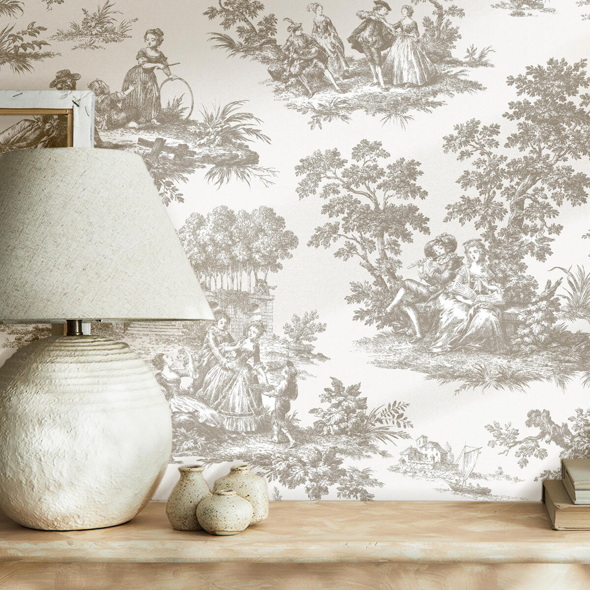 Papier peint intissé Garden party toile de jouy gris | Leroy Merlin