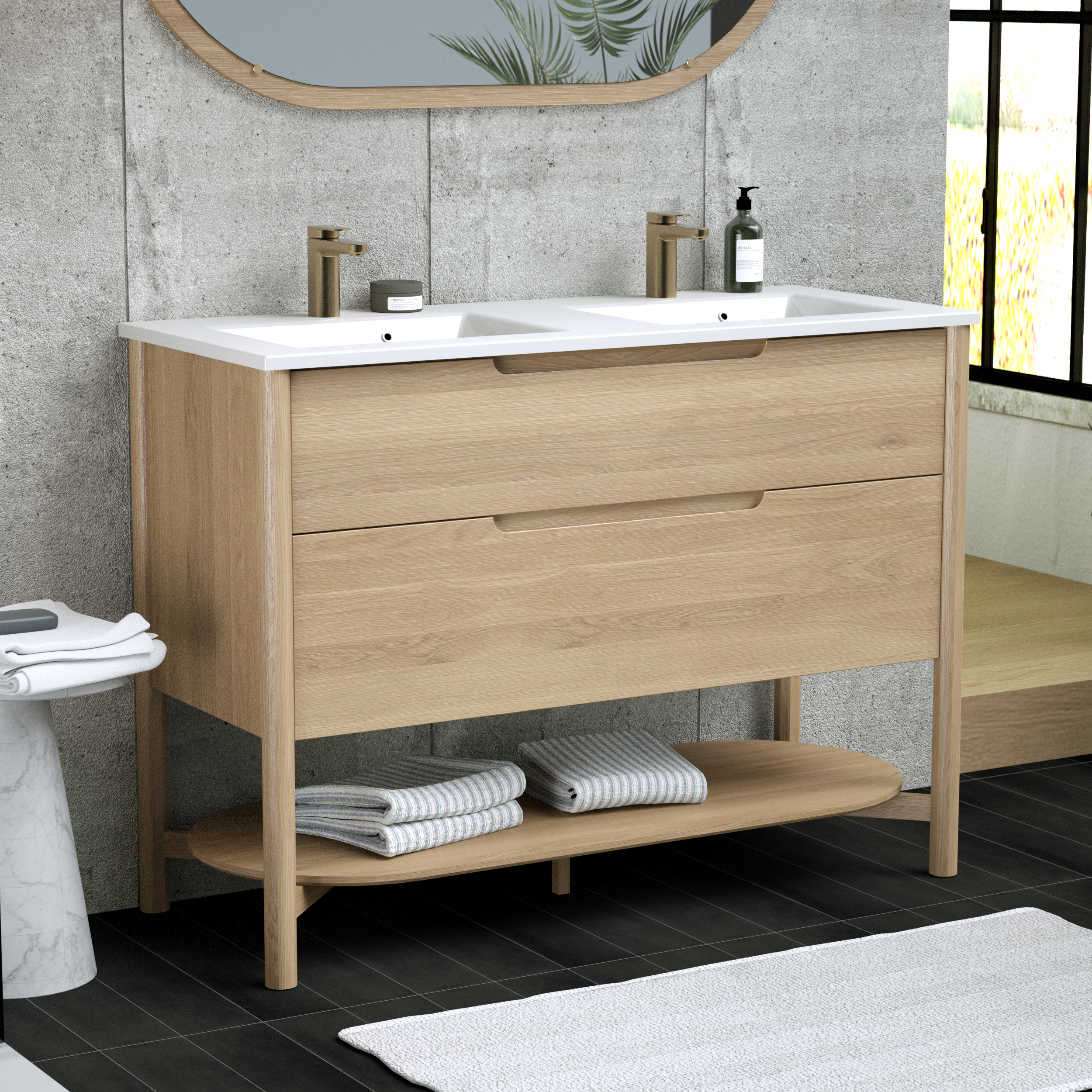 Meuble double vasque, 2t l.120 x H.87.5 x P.48 cm, placage chêne, Oslo ...