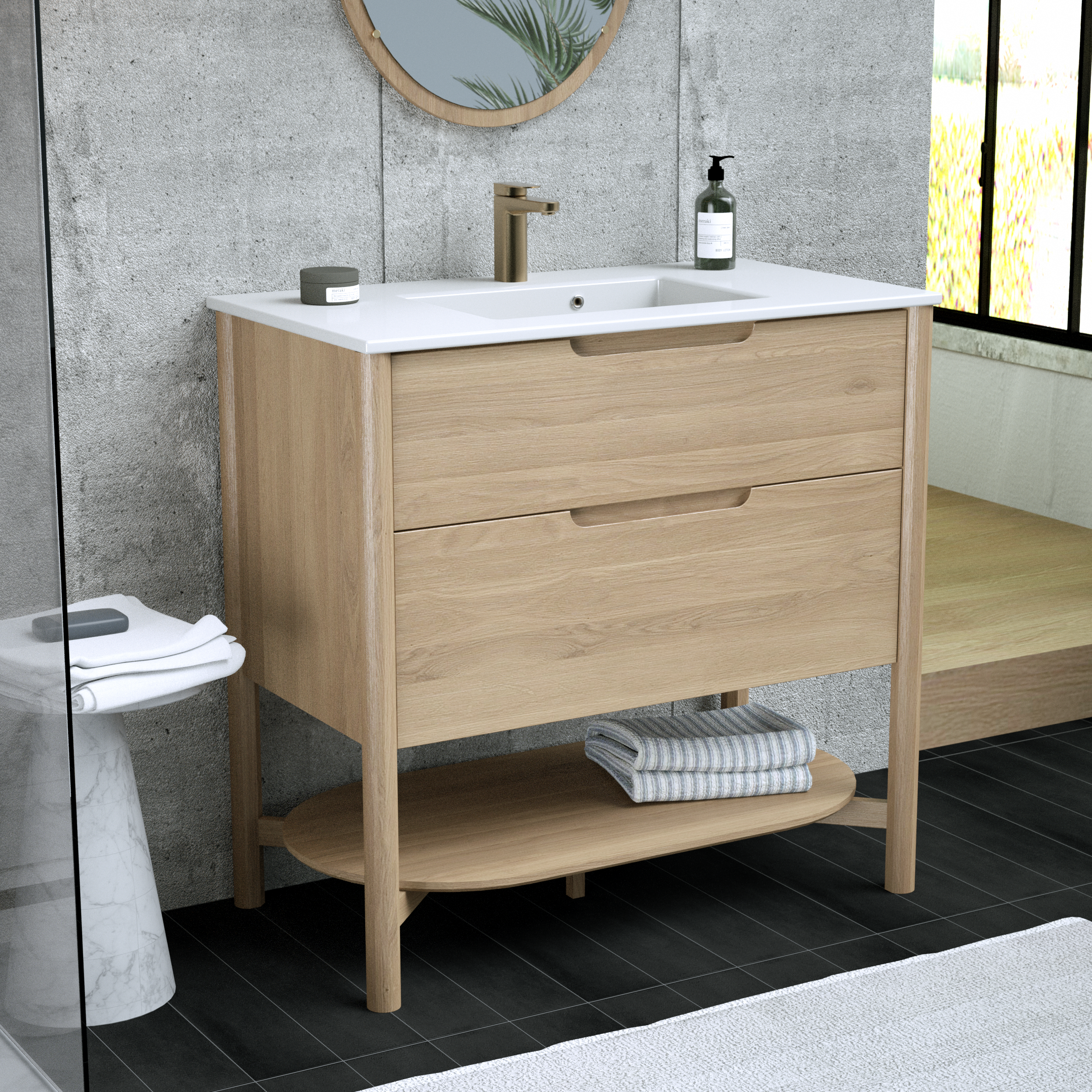 Meuble simple vasque, 2t l.90 x H.87.5 x P.48 cm, placage chêne, Oslo ...