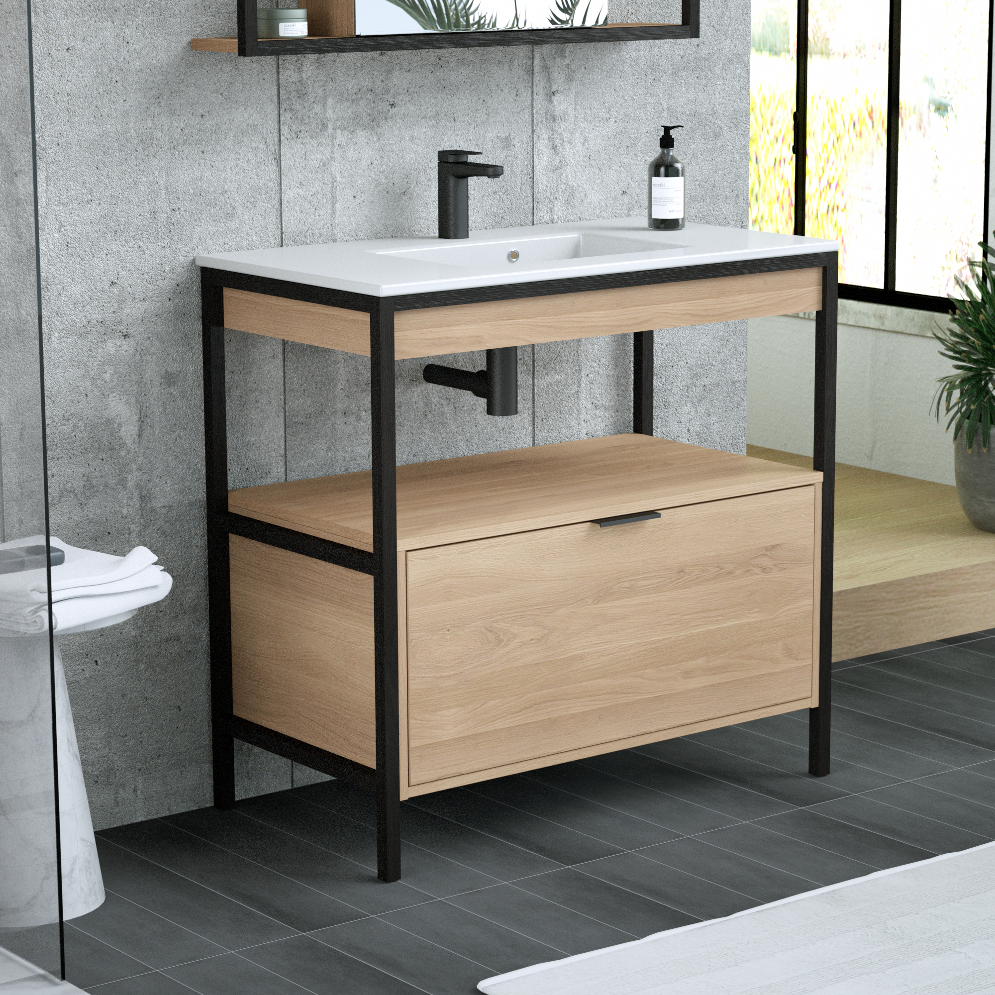 Meuble simple vasque, 1t l.90 x H.87.5 x P.48 cm, placage chêne, Hudson ...