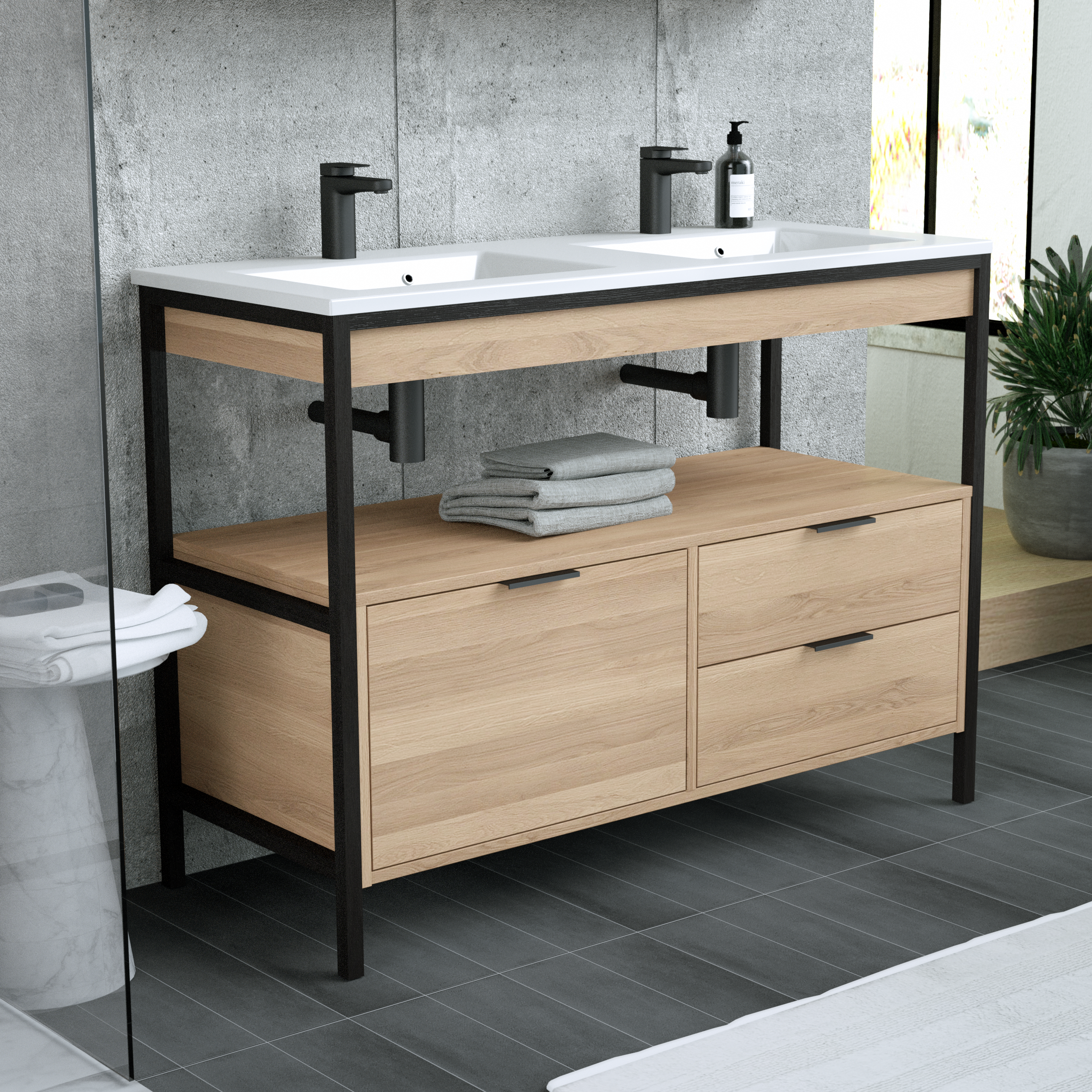 Meuble double vasque, 3t l.120 x H.87.5 x P.48 cm, placage chêne ...