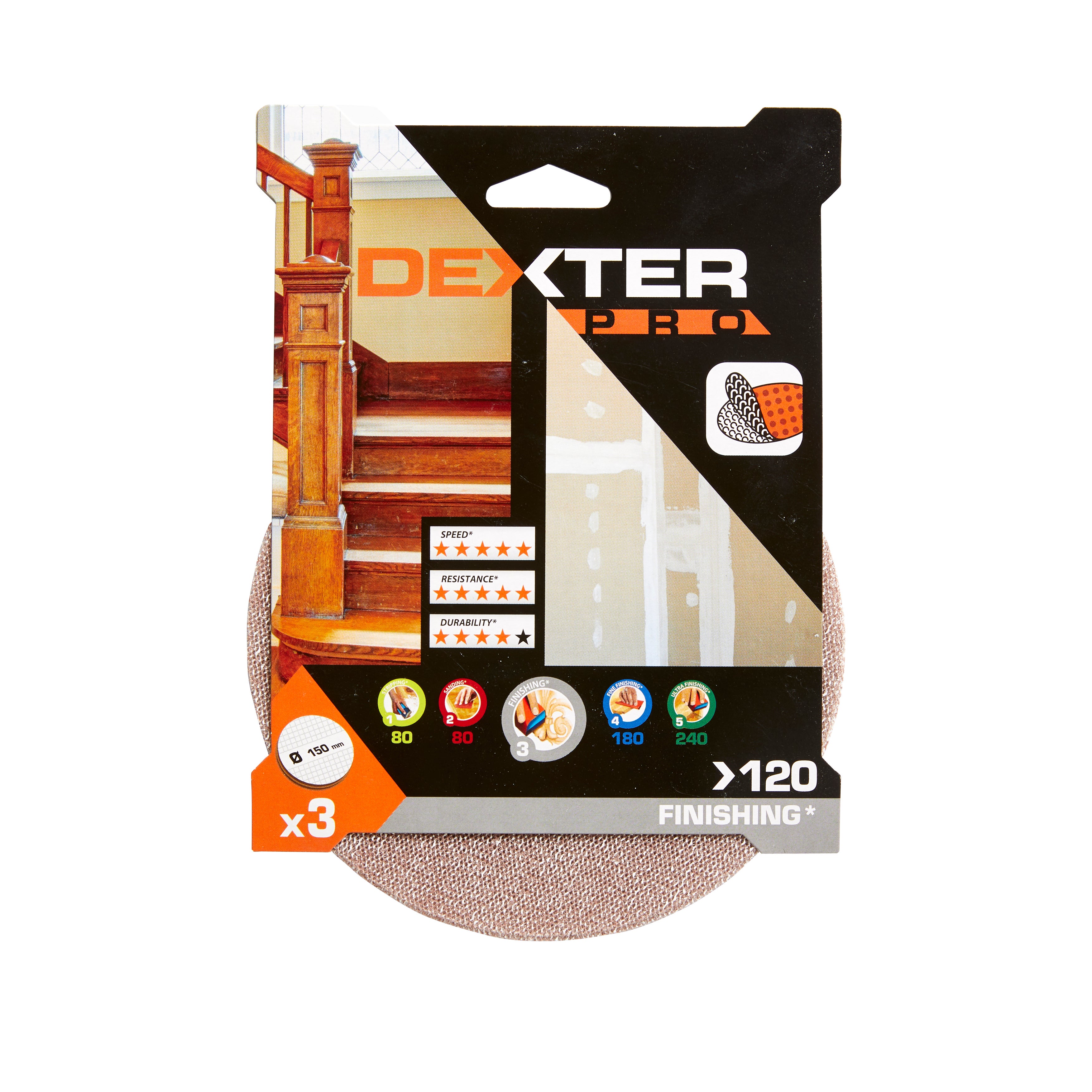 Lot de 3 disques abrasifs, DEXTER PRO, l.150 x L.150 mm grain 120 ...