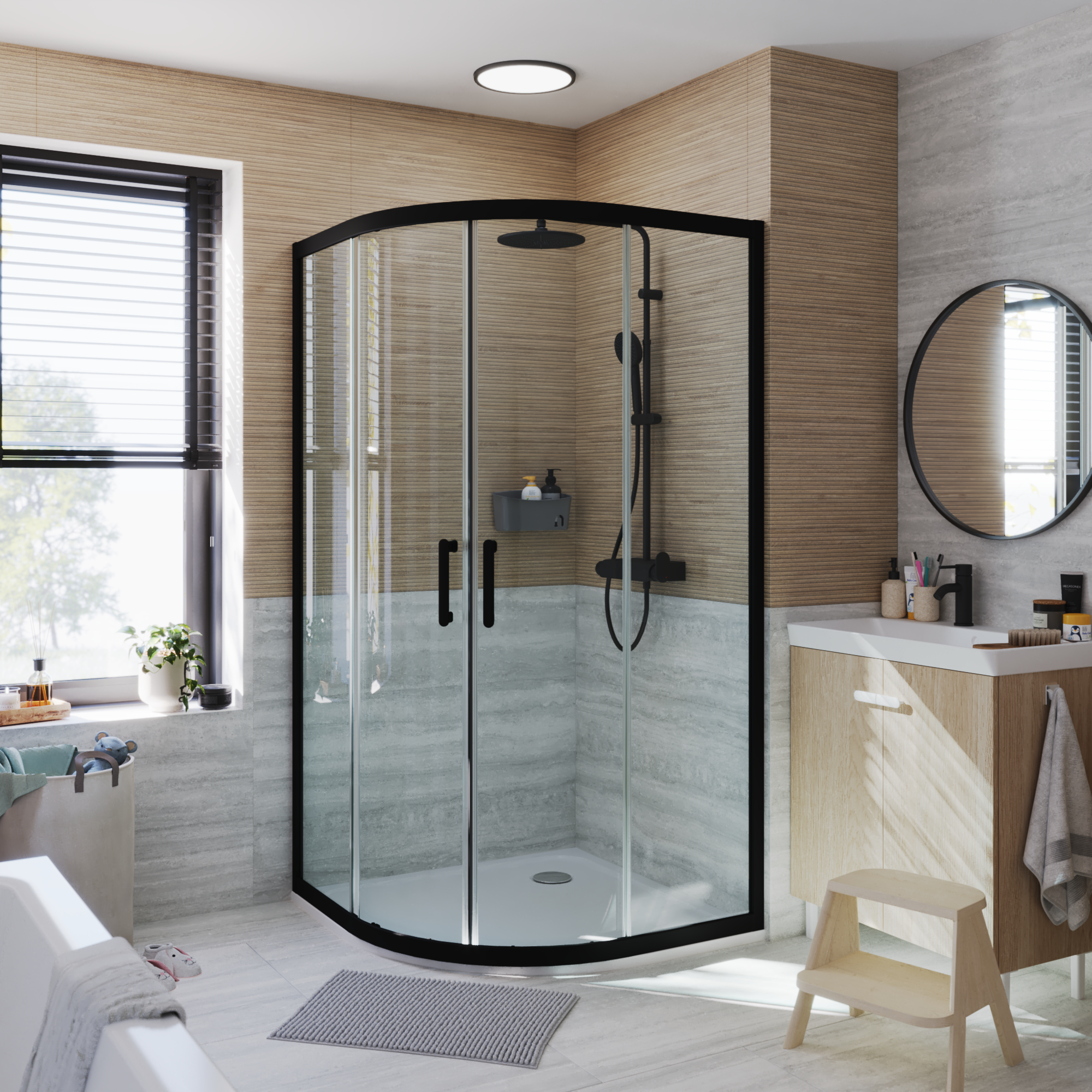 Porte de douche angle 1/4 de cercle verre transparent, noir L.90xl.90 ...