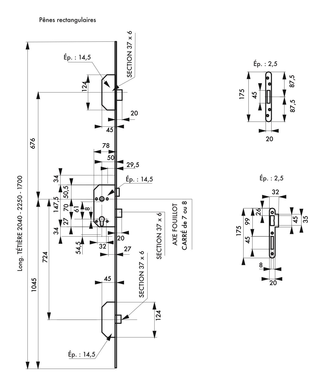 Serrure encastrée 3 points THIRARD Trimax 3 pênes rectangulaires, axe ...