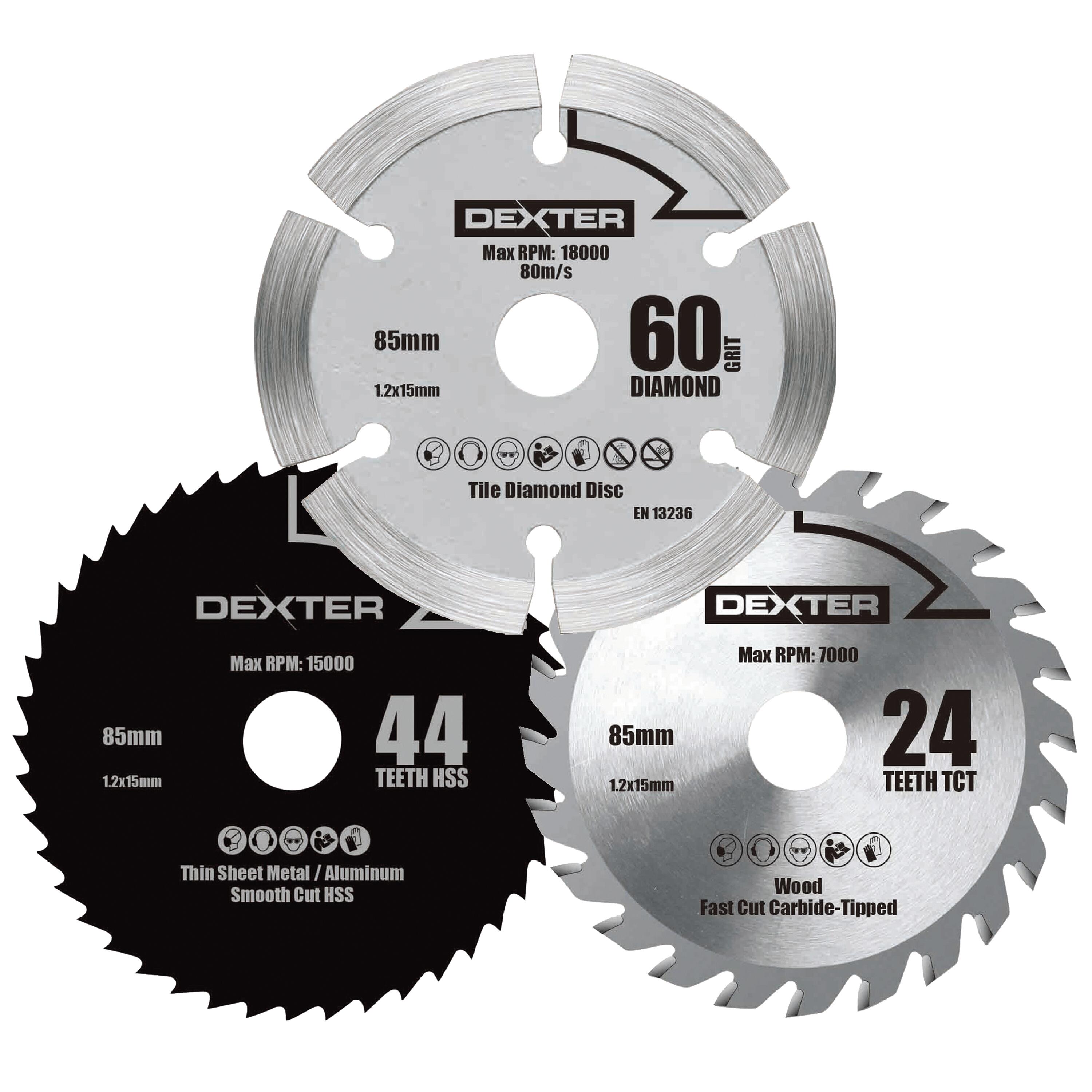 3 discos de sierra circular DEXTER para madera, aluminio y granito , 85 ...