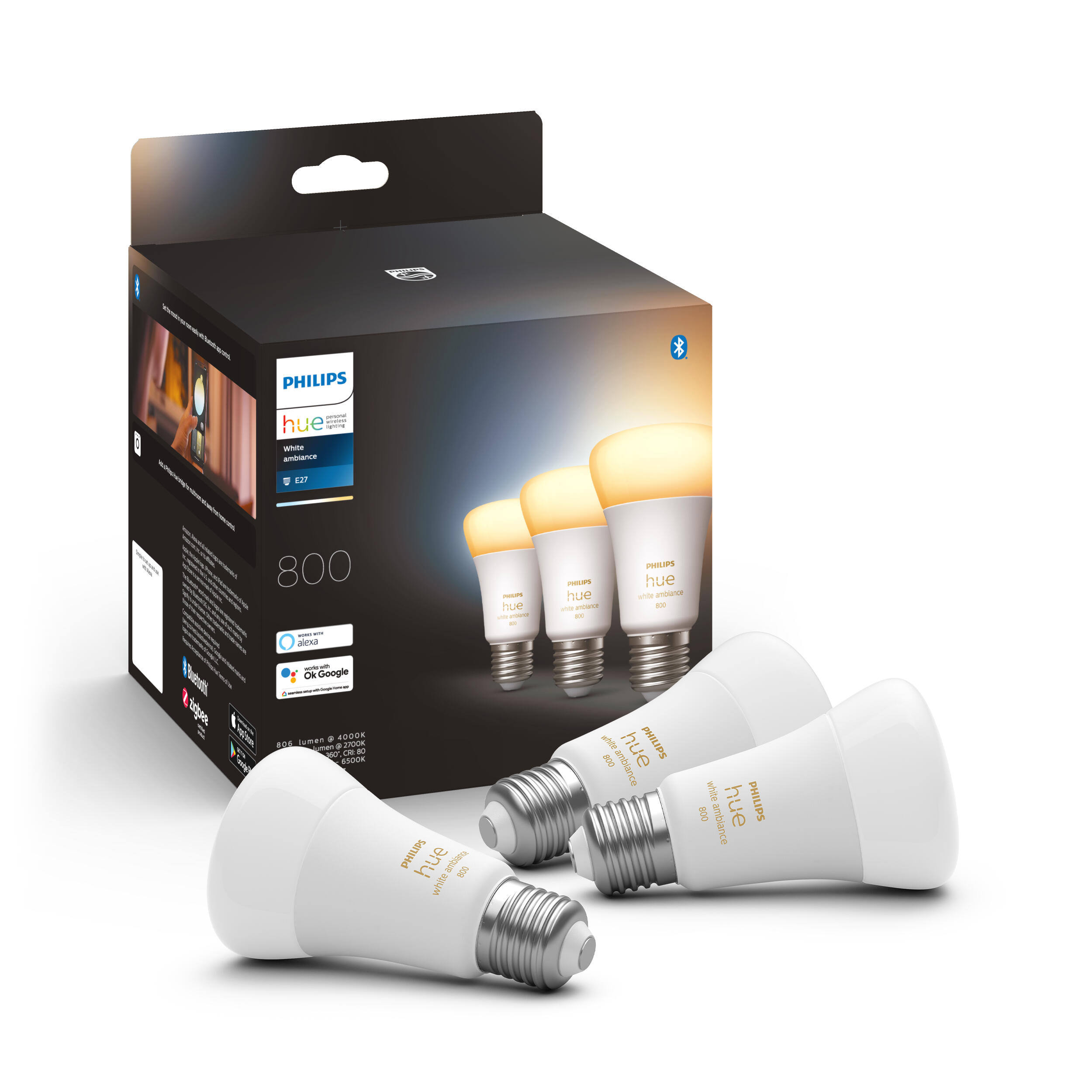 3 ampoules led connectées E27, 806Lm = 60W, variation de blancs, PHILIPS HUE | Leroy Merlin