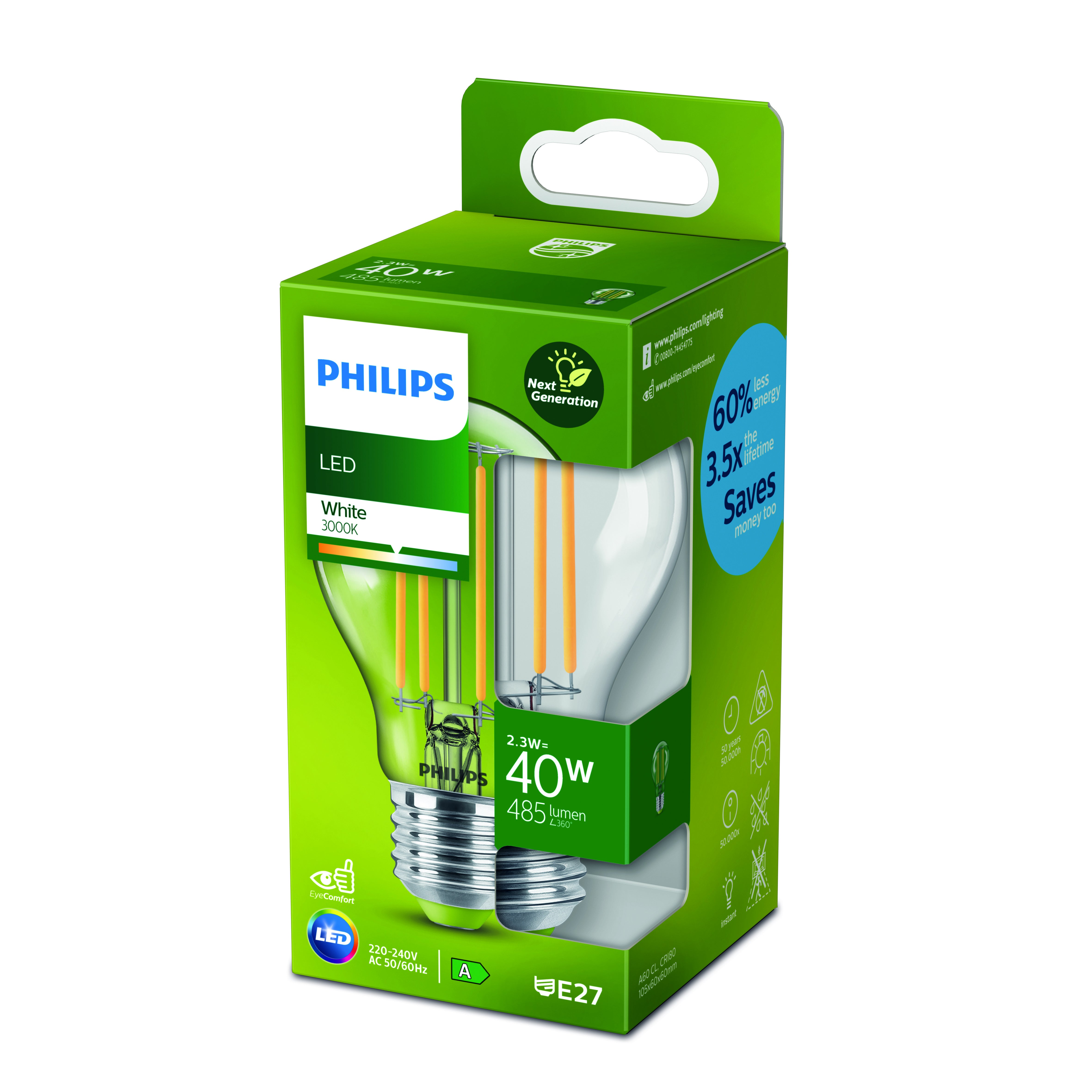 Ampoule led E27, 40W, blanc chaud, Classe énergétique A ultra efficient, PHILIPS | Leroy Merlin