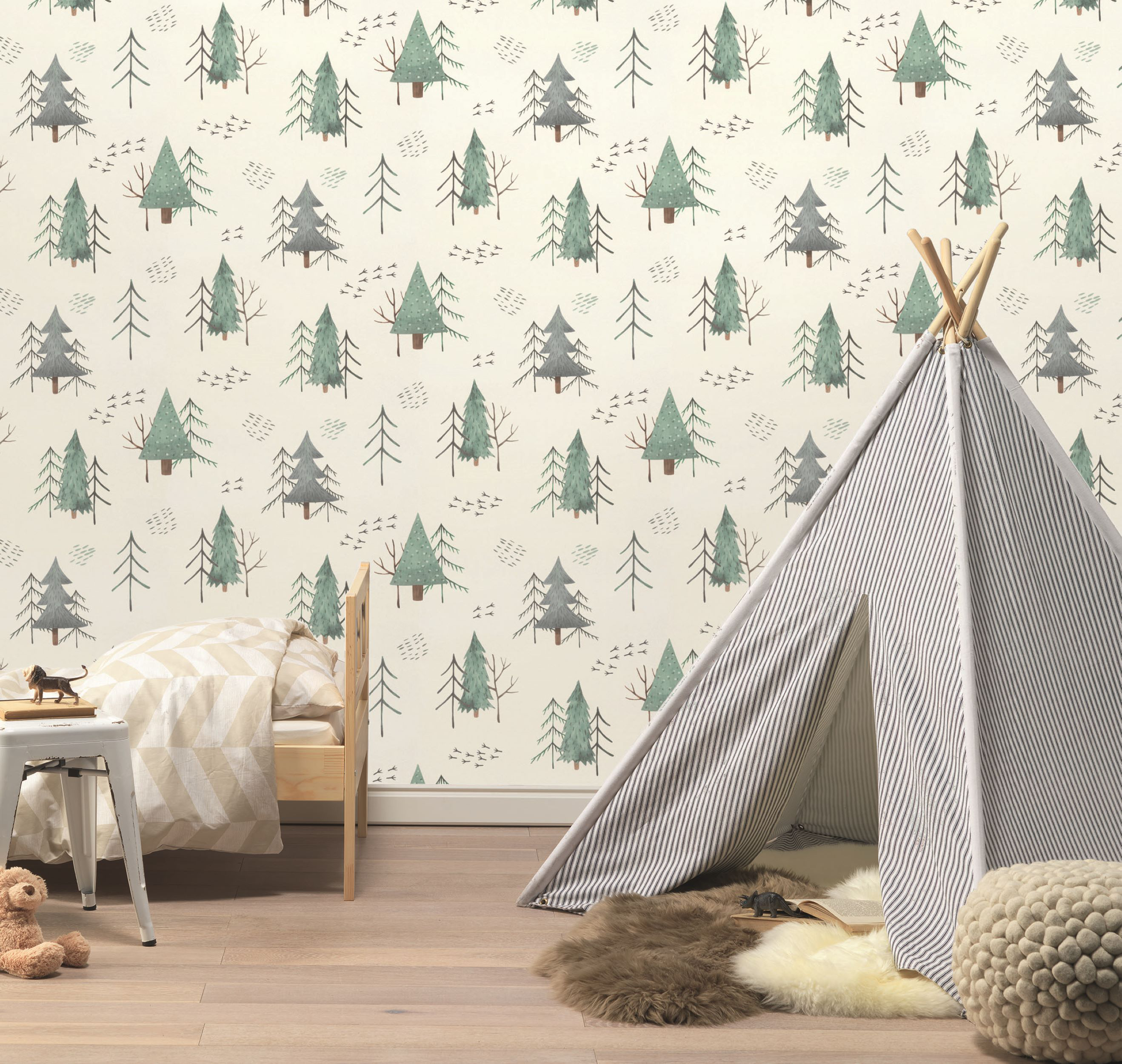 Tapeta dziecięca Choinki kremowo-zielona flizelinowa - Leroy Merlin