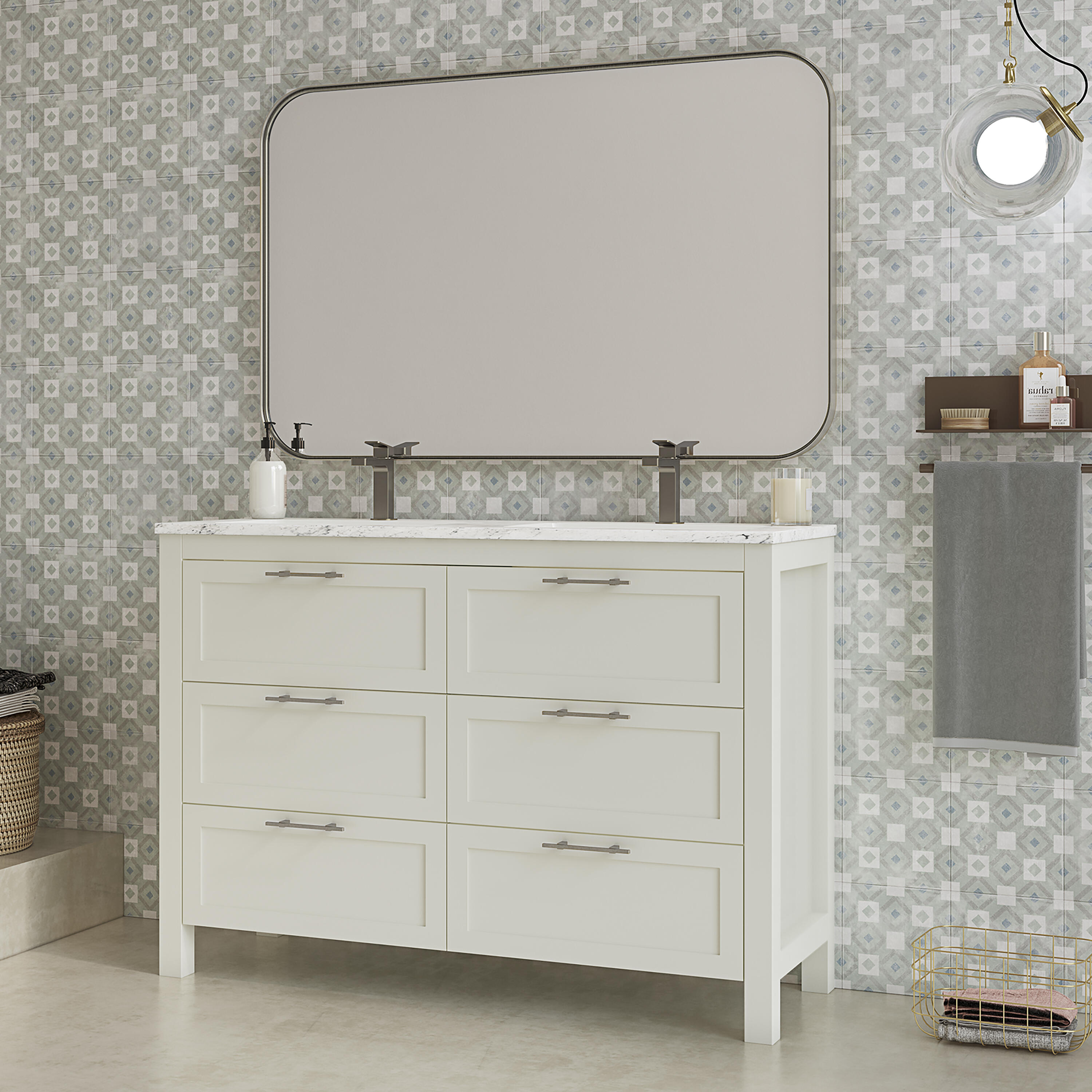 Meuble double vasque l.140 x H.85 x P.45 cm, blanc doré, Kende | Leroy ...