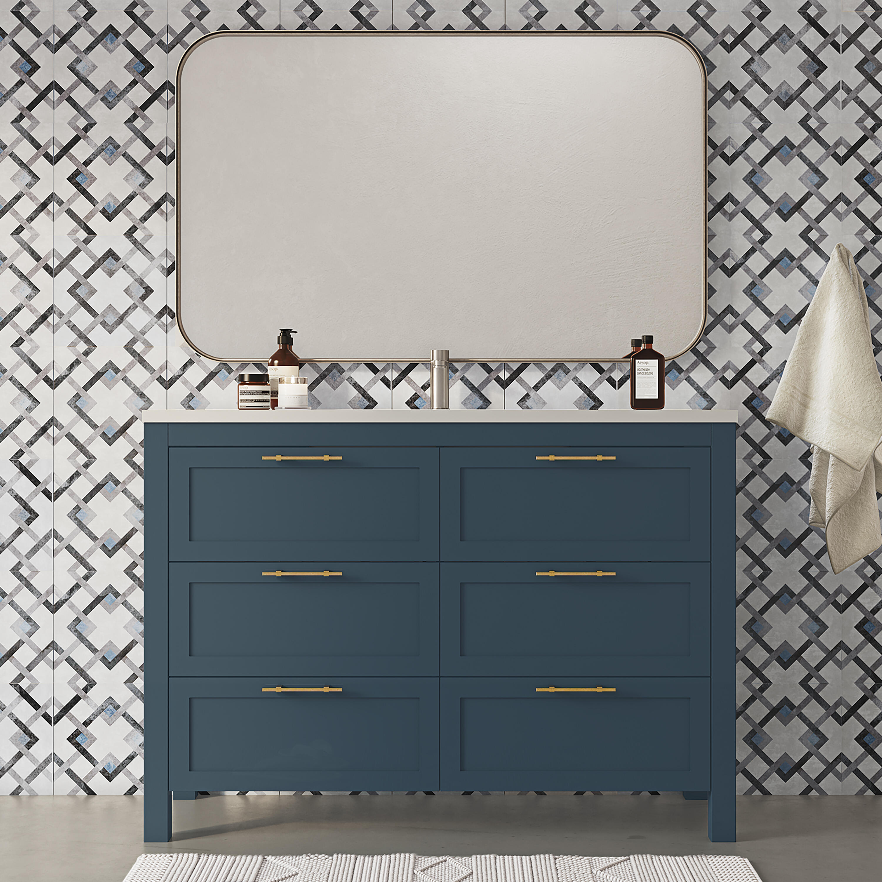 Meuble double vasque l.120 x H.85 x P.45 cm, bleu doré, Kende | Leroy ...