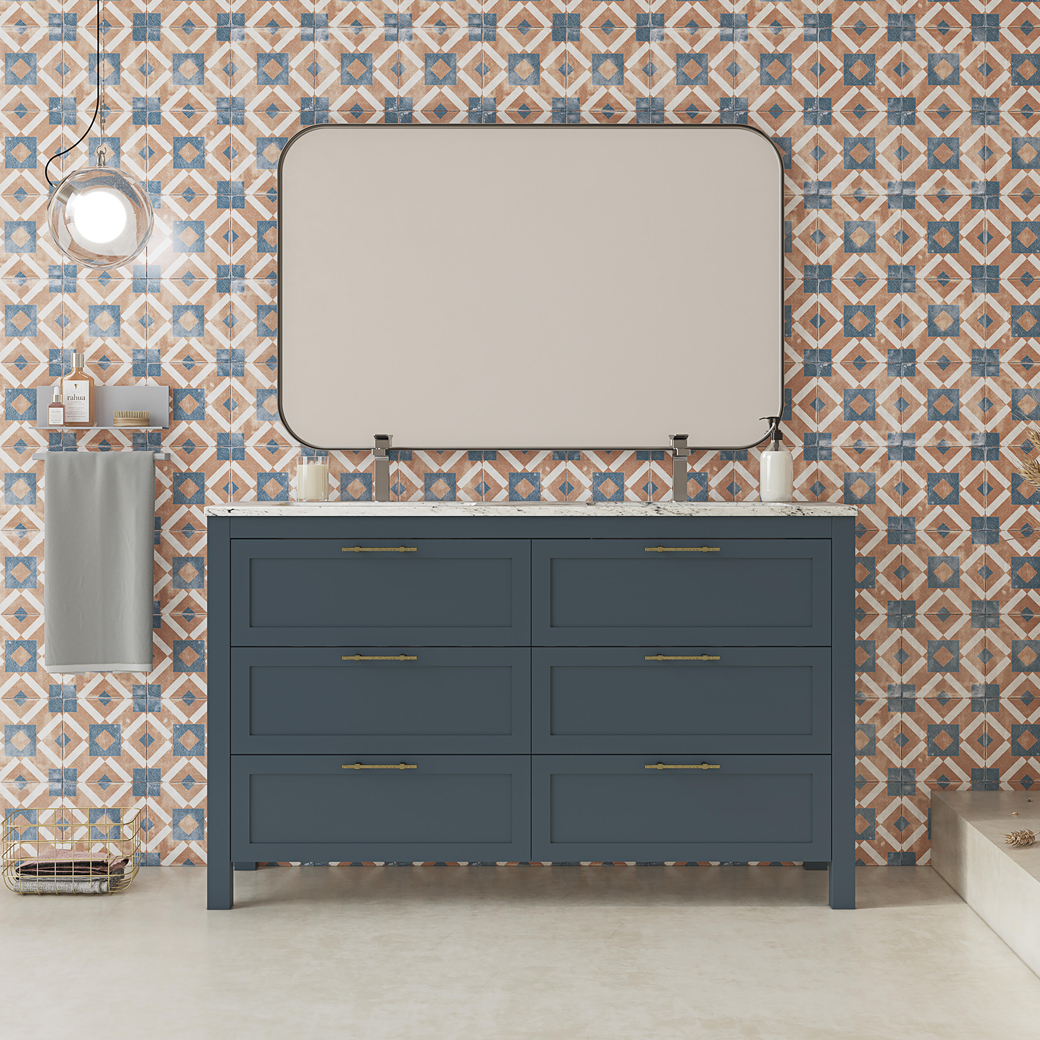 Meuble double vasque l.140 x H.85 x P.45 cm, bleu doré, Kende | Leroy ...