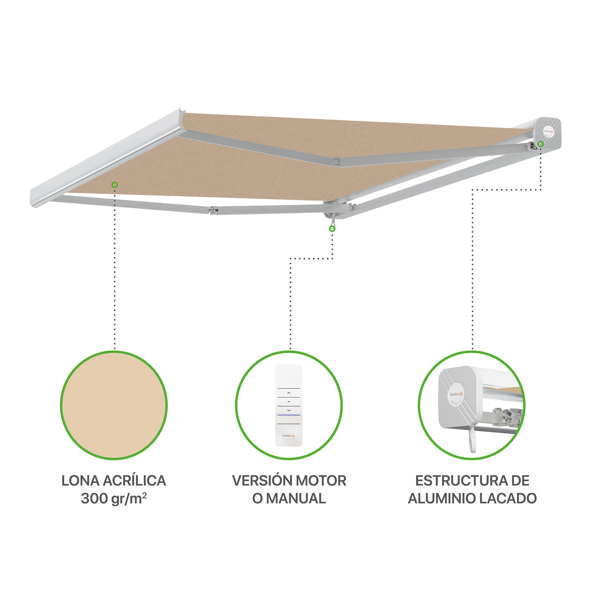 Toldo Memphis brazo extensible motorizado cofre gris tela beige 3 x 2 ...