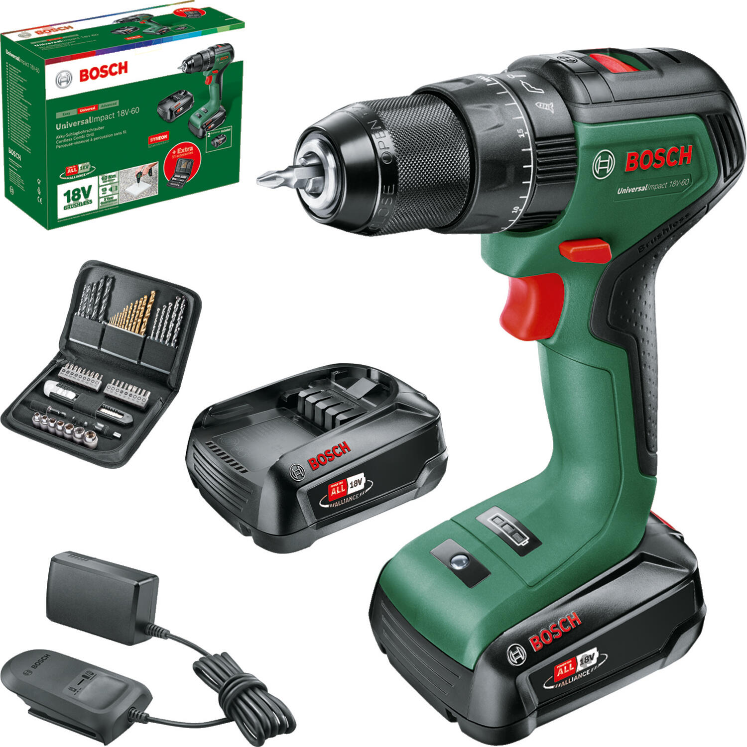 Taladro percutor Universal Impact BOSCH 18v con 2 baterías 2Ah + set de ...