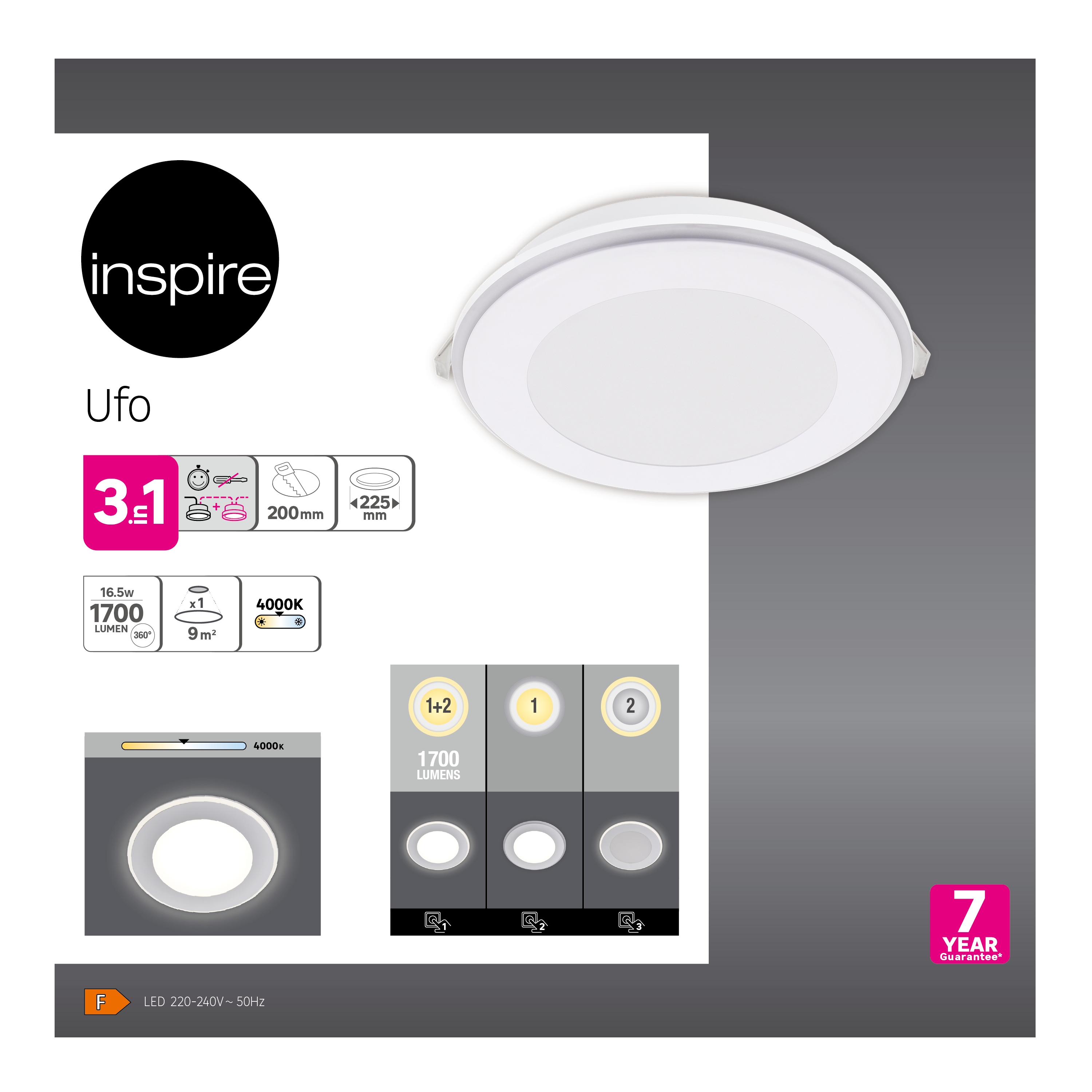 Foco LED INSPIRE Ufo blanco redondo de 1700 lm intensidad luz regulable ...