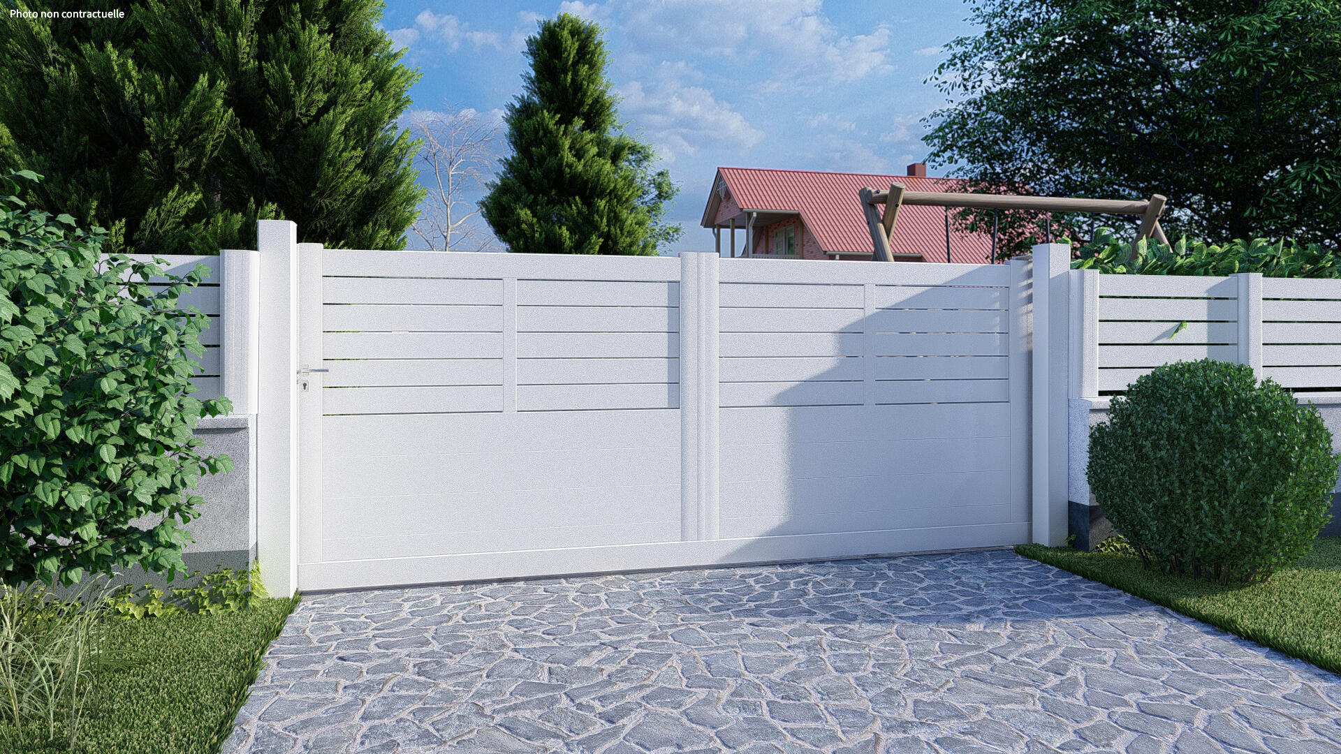 Portail coulissant aluminium Discreto blanc COFRECO, l.356 x H.169.4 cm ...