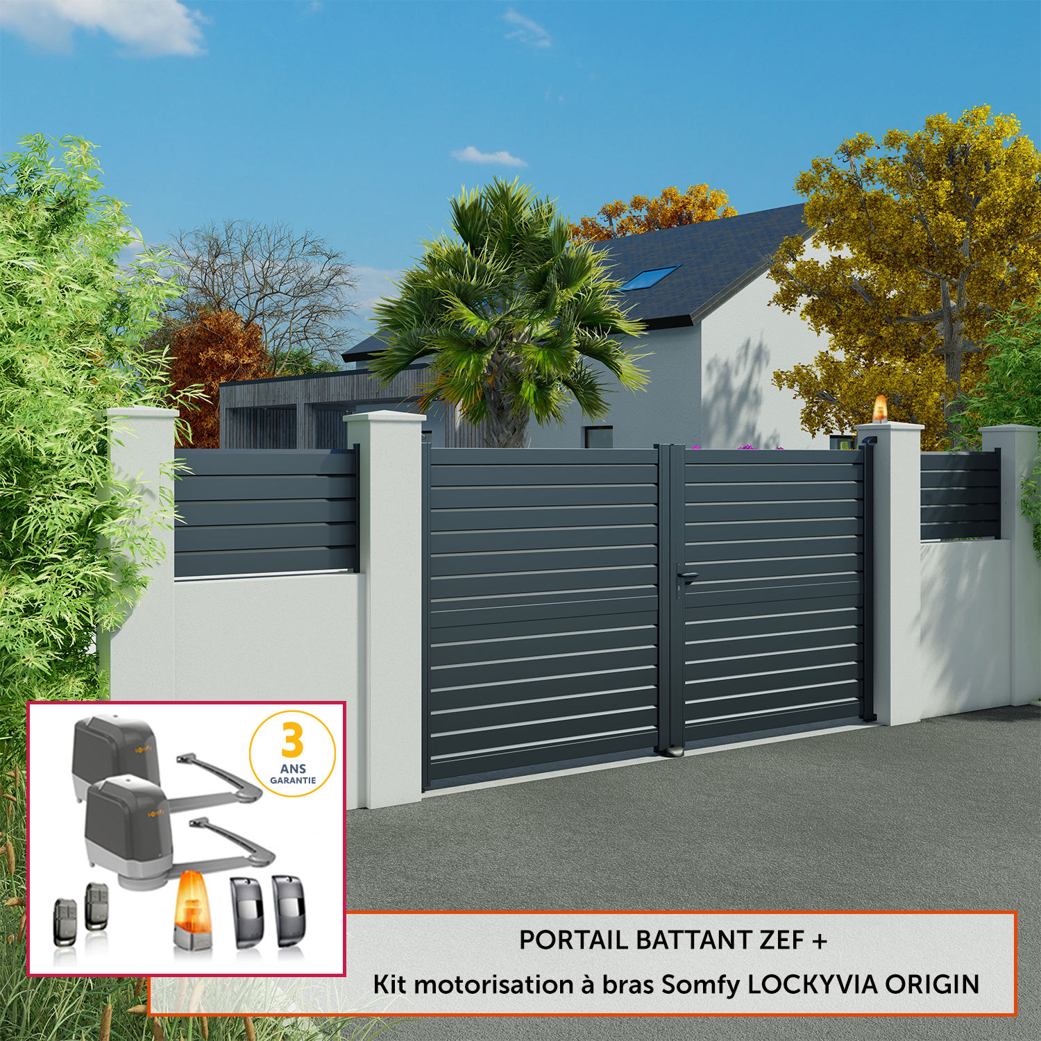 Kit portail battant Zef gris zinc Klos up! + moteur Somfy, l.349 x H ...
