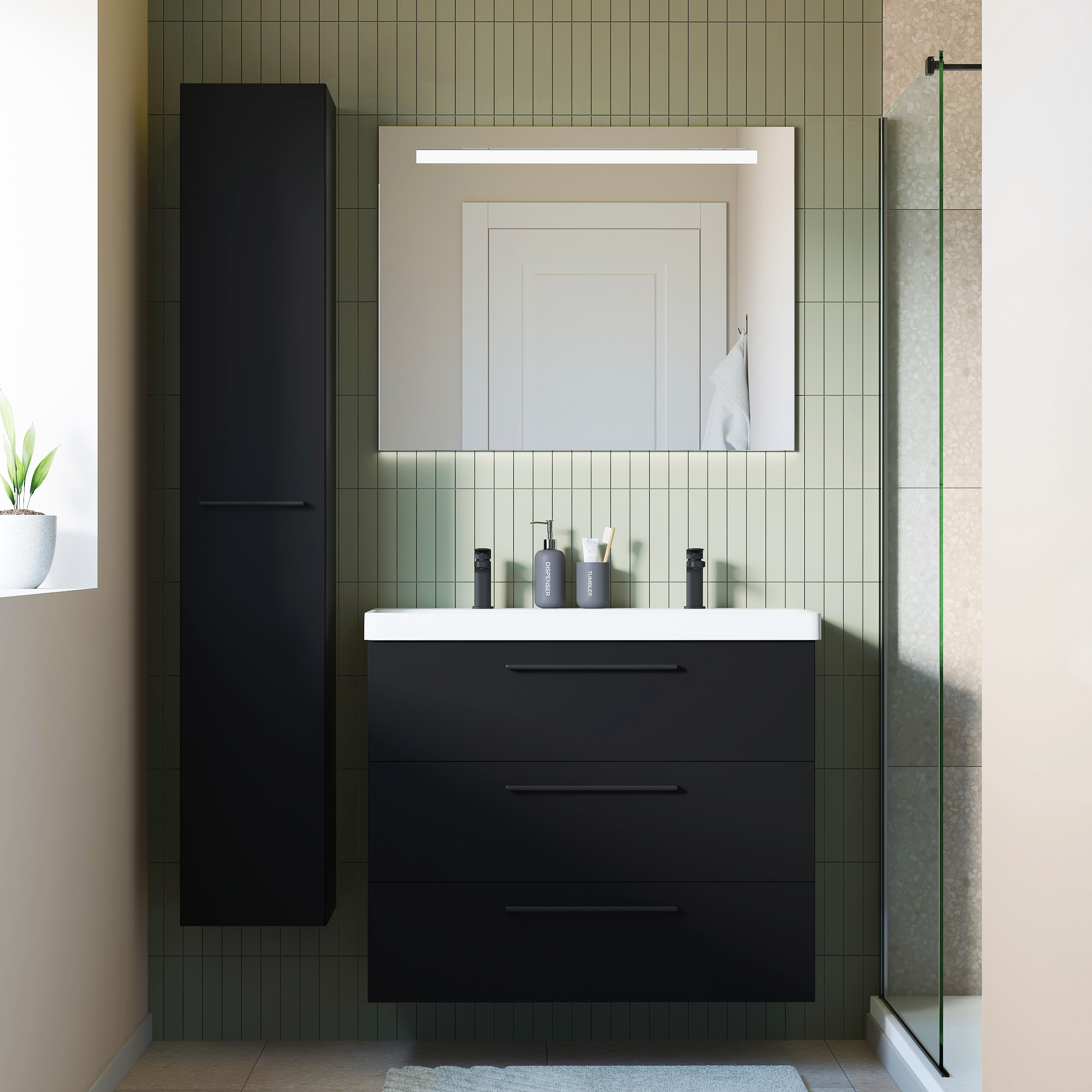 Meuble simple vasque, 3t l.90 x H.73 x P.46 cm, noir mat, Remix | Leroy Merlin