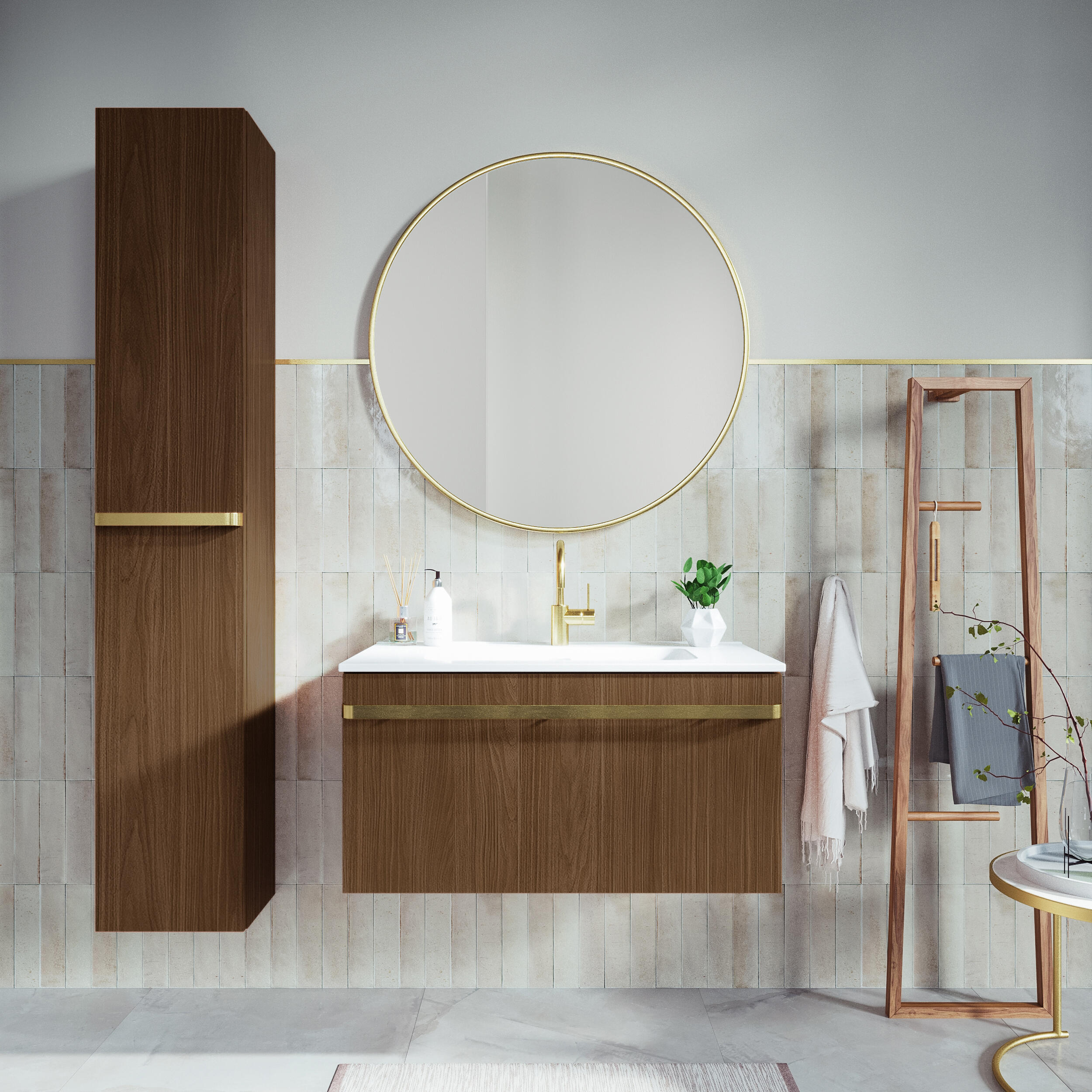 Meuble simple vasque, 1t l.80 x H.40.5 x P.45.5 cm, effet noyer, Loa ...