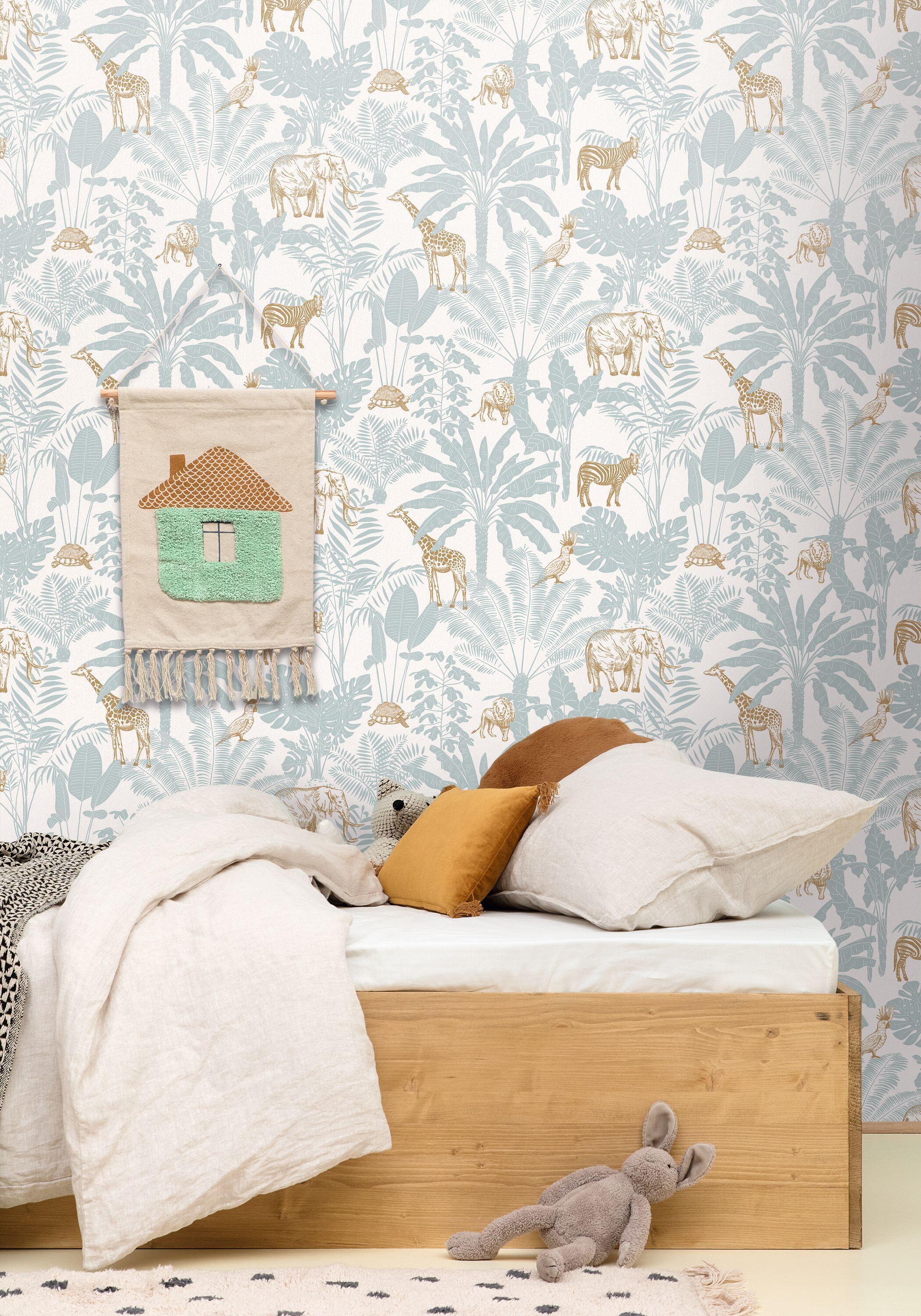 Papel pintado TNT aplicación cola en pared Infantil Jungle trip azul ...