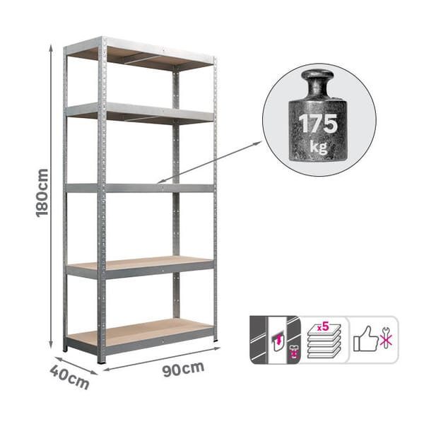 Etagère acier galvanisé SPACEO, 5 tablettes l.90xH.180xP.40 | Leroy Merlin