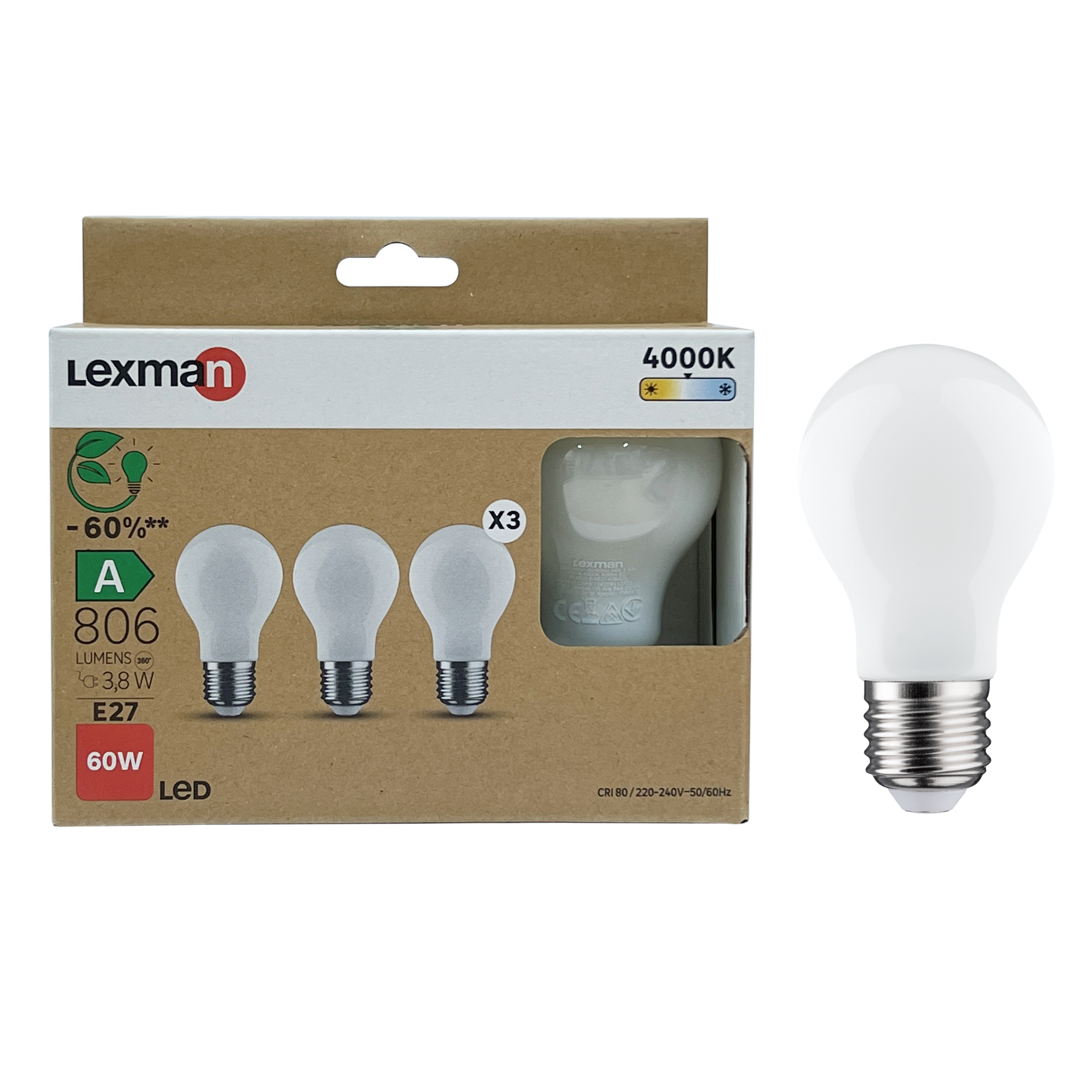 Set da 3 lampadine LED, E27 bulbo, opaco, 3.8W = 806 LM (equiv 60 W ...
