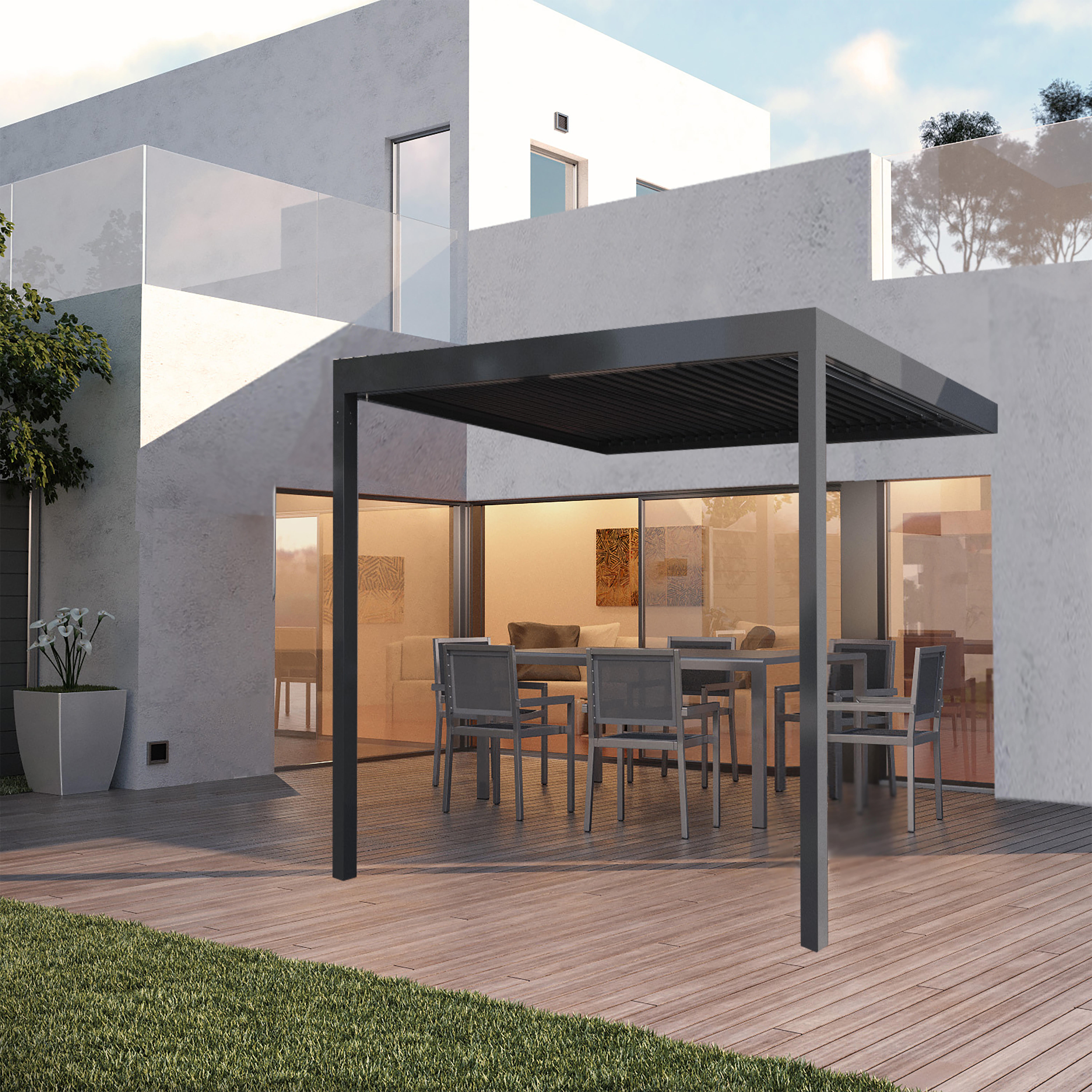 Pergola bioclimatica addossata 3x4 m in alluminio grigio - Spell ...