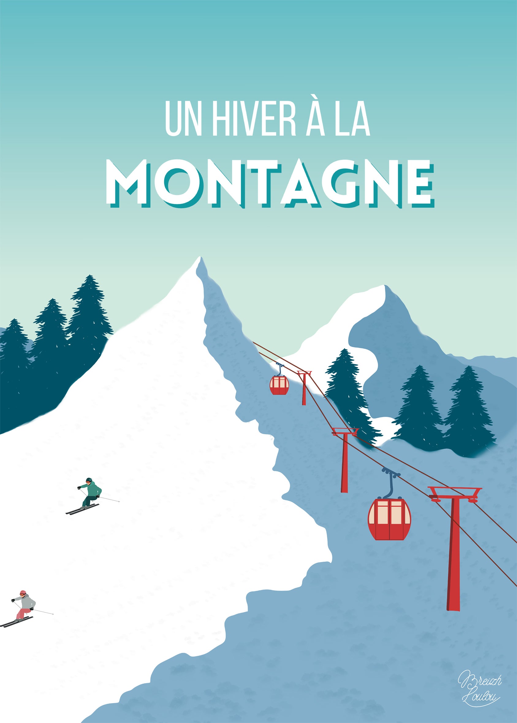 Affiche BREIZH LOULOU HIVER MONTAGNE, multicouleur BLUE ART l.30 x H.40 ...
